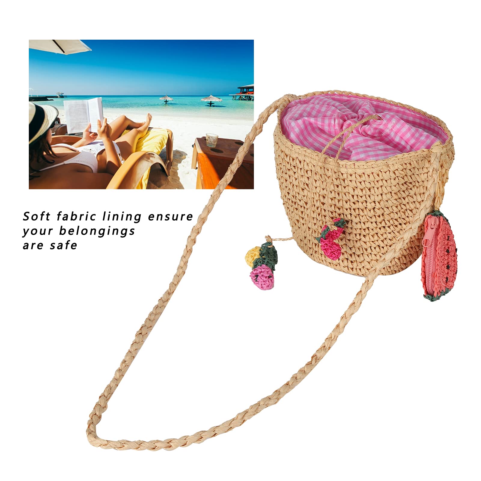 Straw Beach Bags with Small Coin Purse Women Woven Handbag Single Shoulder Cute Tote Decoration Suitable for Summer Seaside Vacation