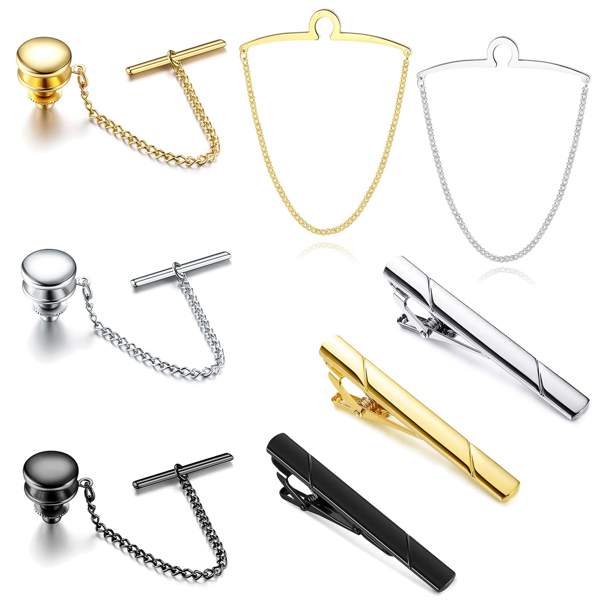 THUNARAZ 8 Pcs Tie Clips for Men Tie Bar Clip for Regular Ties Necktie Mens Tie Tacks Clutch with Chain Wedding Business Tie Pin Clips with Gift Box