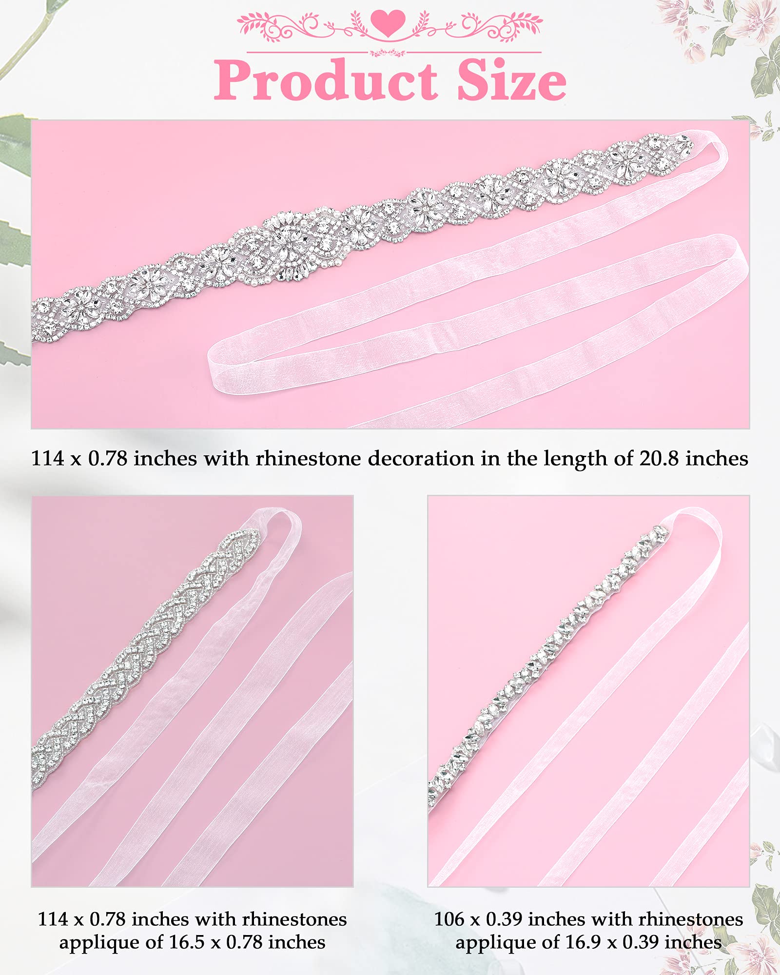 Sintege 3 Pcs Rhinestone Wedding Dress Belts Crystal Bridal Sash Belts Diamond Ribbon Belts for Women Bridal Bridesmaid
