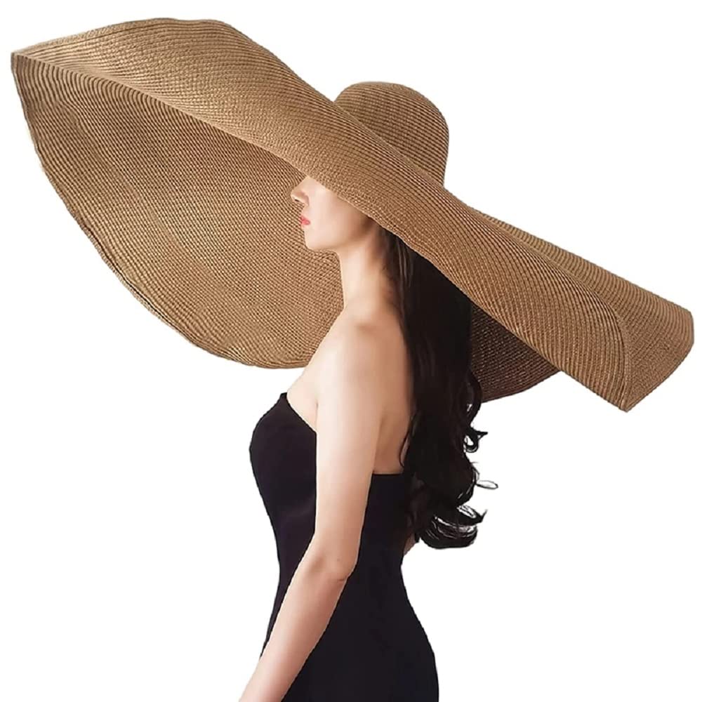 Straw Hat Oversize Hat Wide Brim Summer Hat Handmade Roll Up Floppy Sun Hat for Summer Beach Cap for Women (Khaki)-80CM