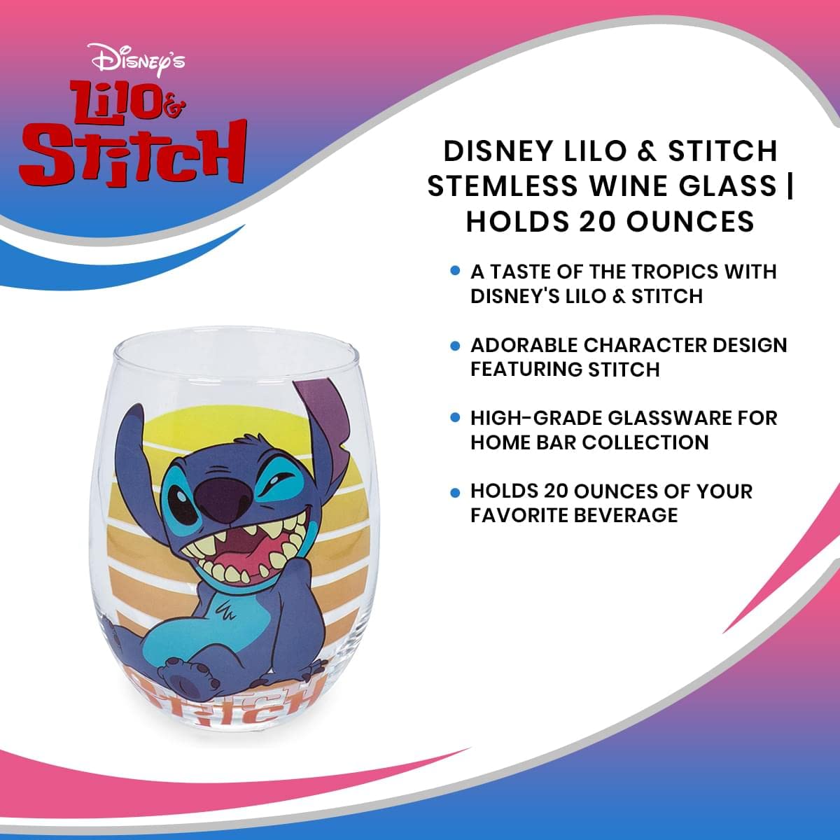 Silver Buffalo Disney Lilo And Stitch Sunset Stemless Glass, 20-Ounces