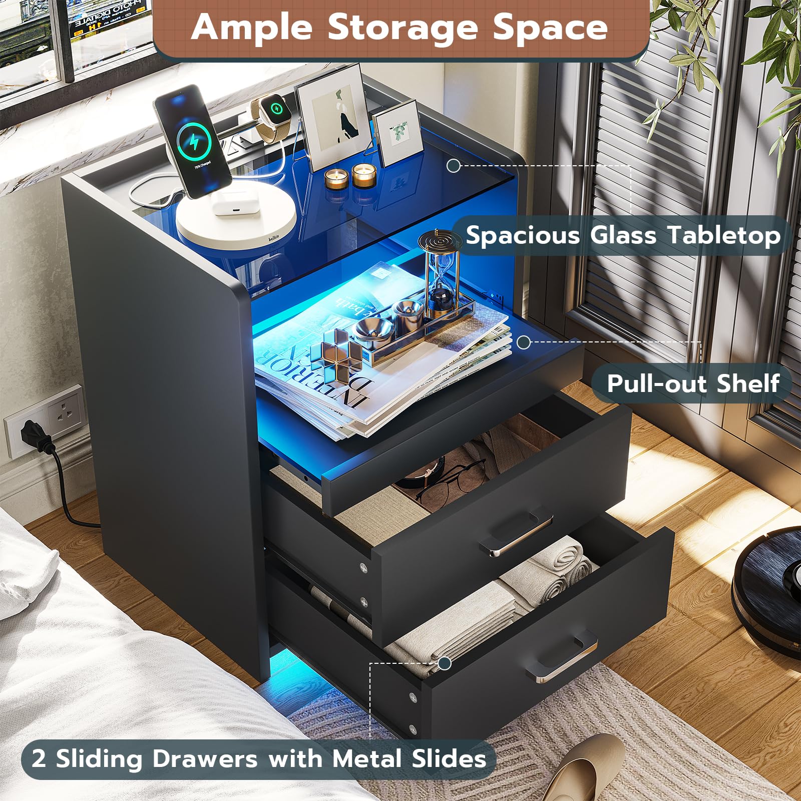 MSmask Black Nightstand with Charging Station and LED Lights, Glass Top Night Stand with Pull-Out Shelf, LED Nightstand with Sliding Drawers, Modern Bedside Tables with Open Storage for Bedroom, Dorm