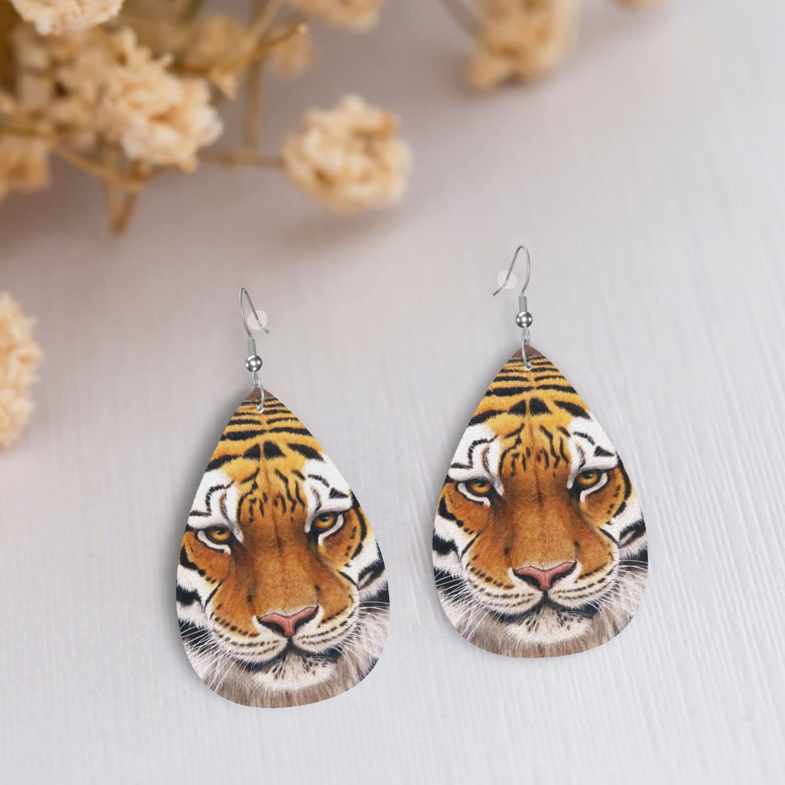 Tiger Earrings Leather Teardrop Hook Earrings for Women Girls 2 Piece Dangle Drop Earring Sets