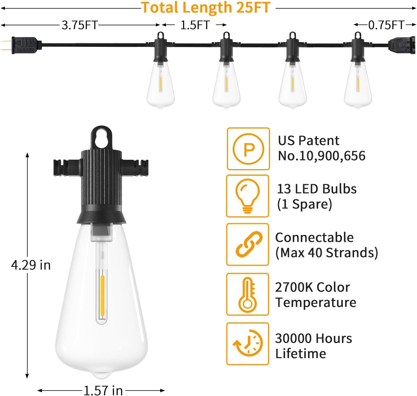 ZOTOYI Outdoor String Lights 25FT, Waterproof IP65 Patio Lights with 13 Shatterproof ST38 LED Bulbs(1 Spare), Outside Hanging Lights Dimmable for Backyard, Bistro, Cafe, Garden 2700K Warm White