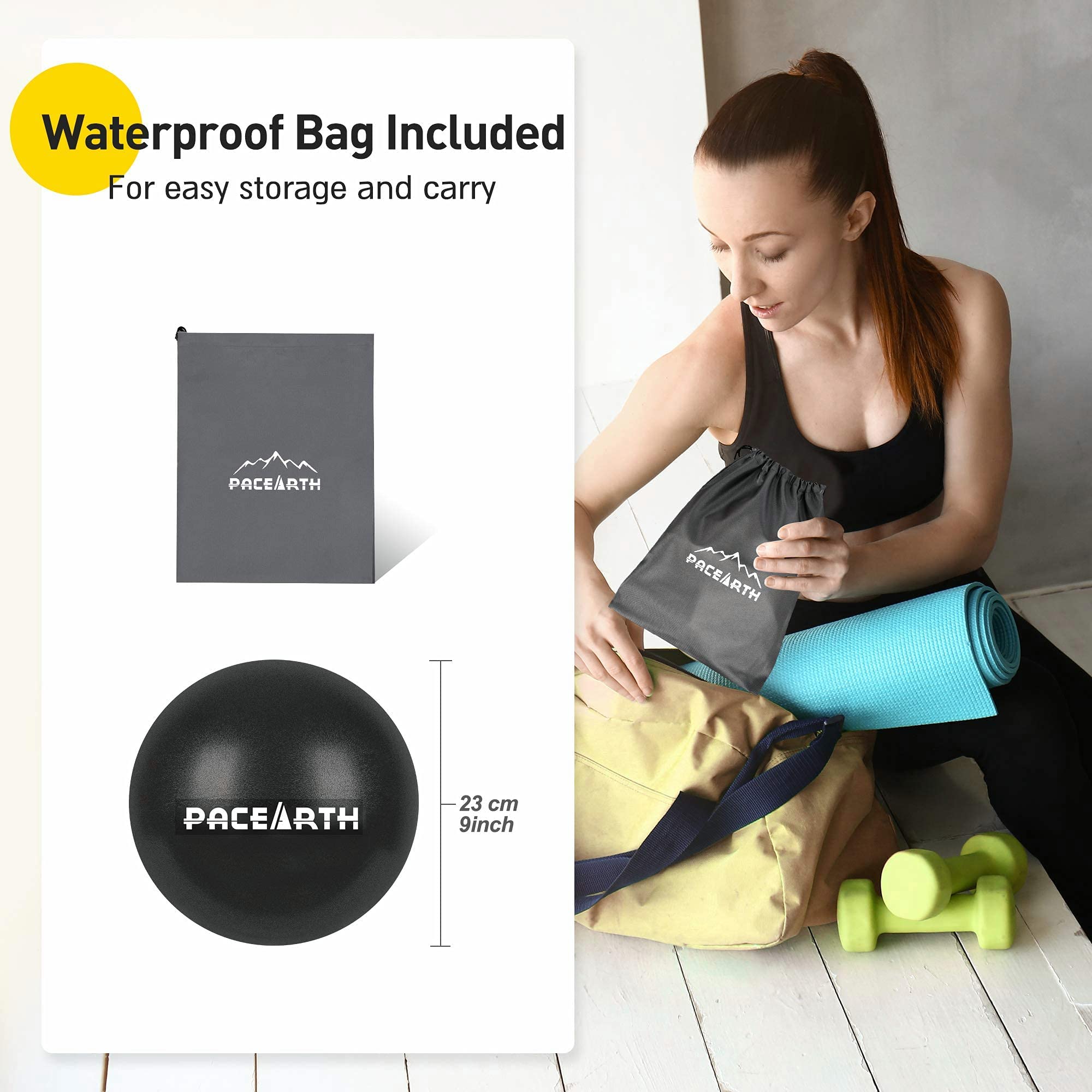 PACEARTH Small Exercise Ball, 9 inch Pilates Ball, Barre Ball with Air Pump Yoga Mini Bender Ball for Balance, Core Training, Physical Therapy at Home Workout, Gym, Studio -Black