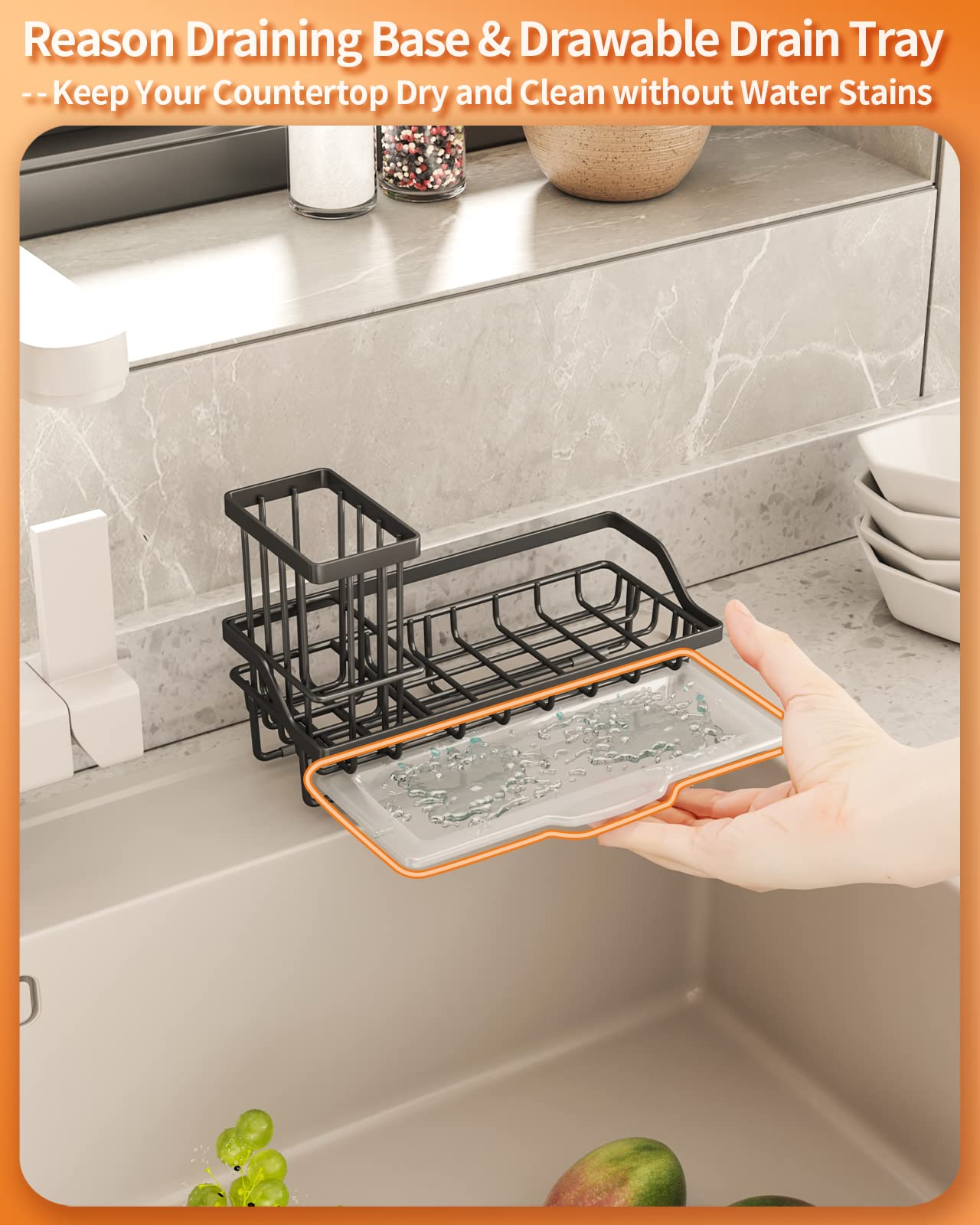 SWTYMIKI Sink Caddy Sponge Holder - Kitchen Sink Organizer with High Brush Holder for Countertop by the Sink Holding Dish Soaps and Sponges, Stainless Steel, Black