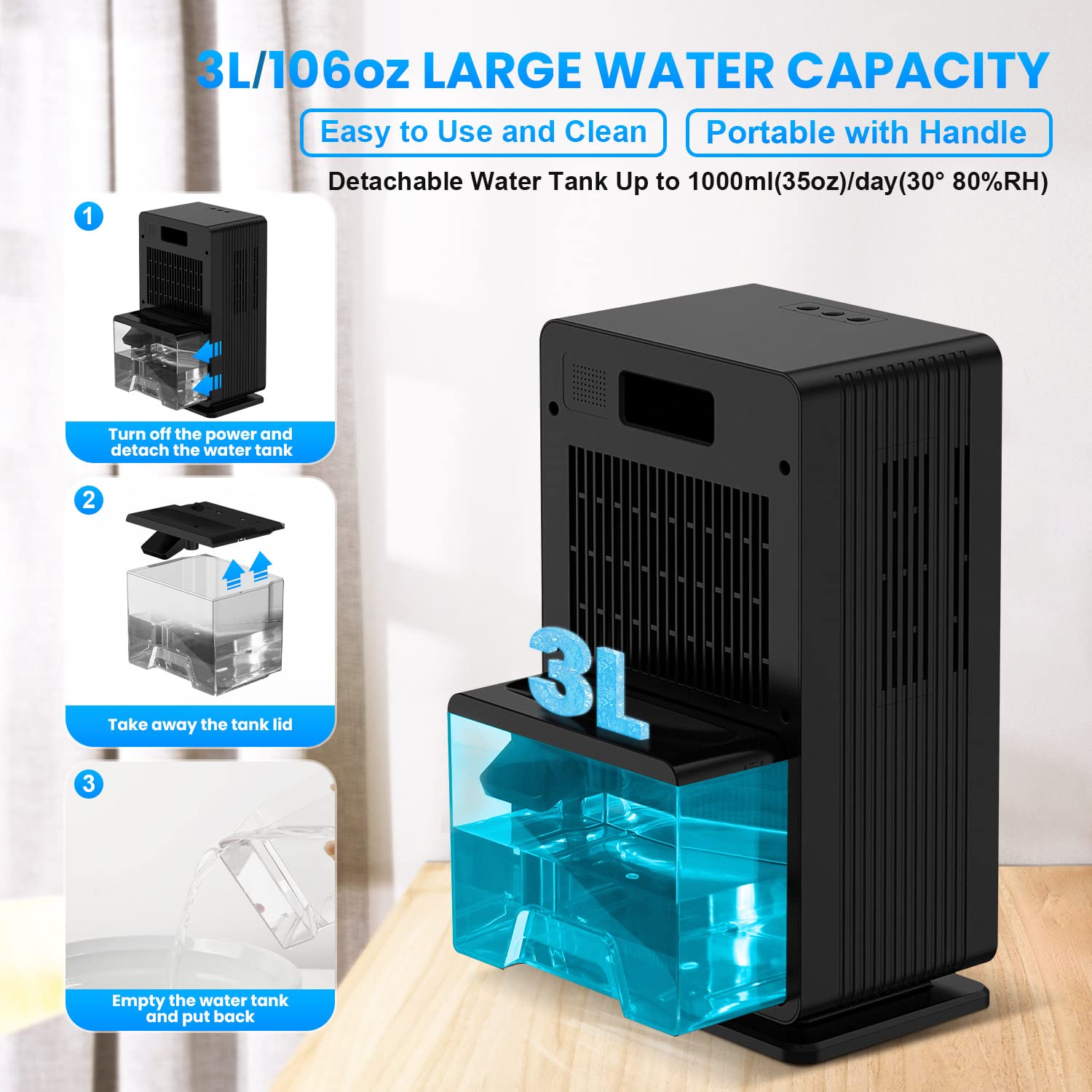 Terrug 550 Sq.Ft 106oz Dehumidifier 3000ml Portable Ultra-Quiet Effective Dehumidifiers with Auto-Off, Basement, Cabinet and Bathroom (Black)