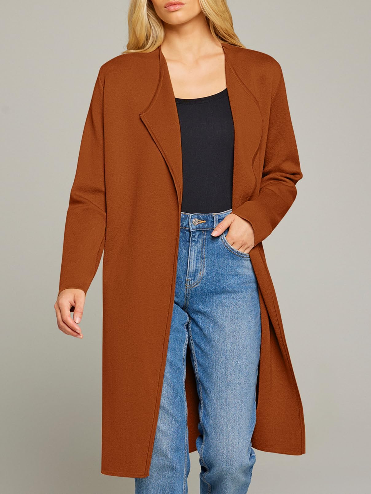 MEROKEETY Womens Fall Long Sleeve Dressy Cardigan Classy Loose Cozy Knitted Long Sweater Jackets, Caramel, L