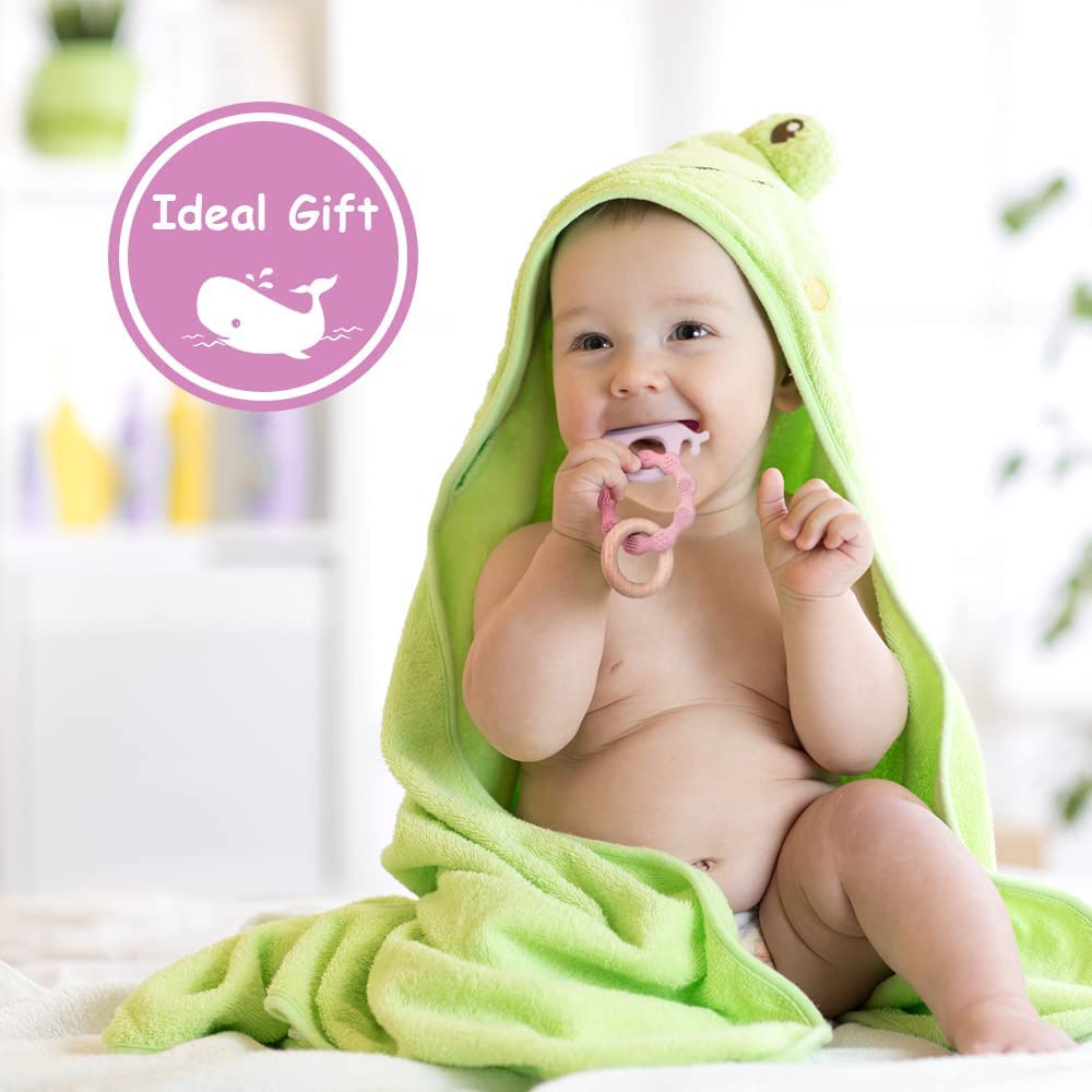 Vicloon Baby Teether Toys, Silicone & Natural Wood Teether Ring, Baby Teething Toys for Babies 0 Months, Silicone Chewable Rings for Newborn Gift(Pink)