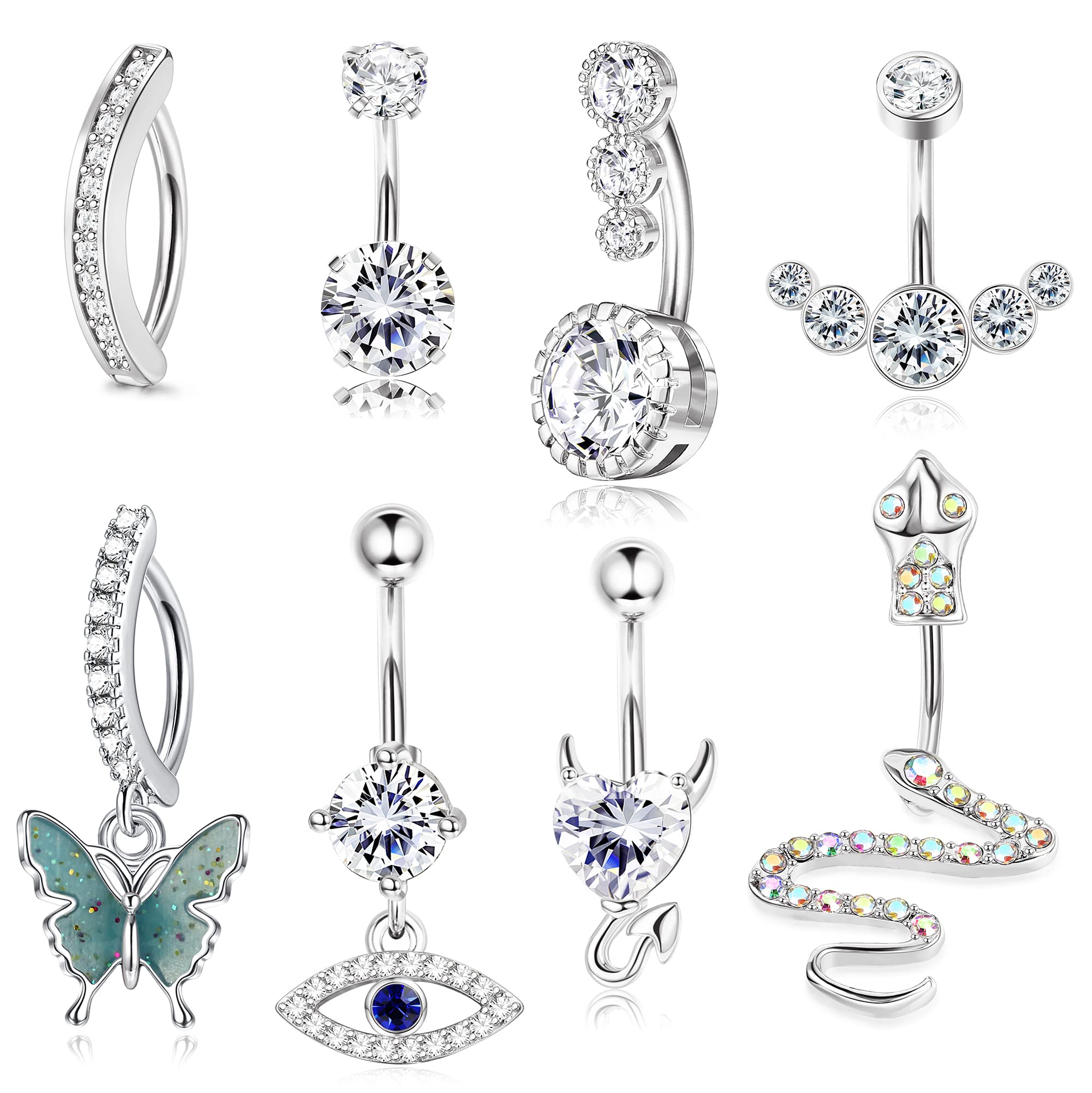 Subiceto 14G Belly Button Rings Dangle Cute Gold Plated Snake Evil Eye Clear Cz Butterfly Clicker Belly Button Rings for Women Reverse Navel Rings Belly Piercing Pack Gold