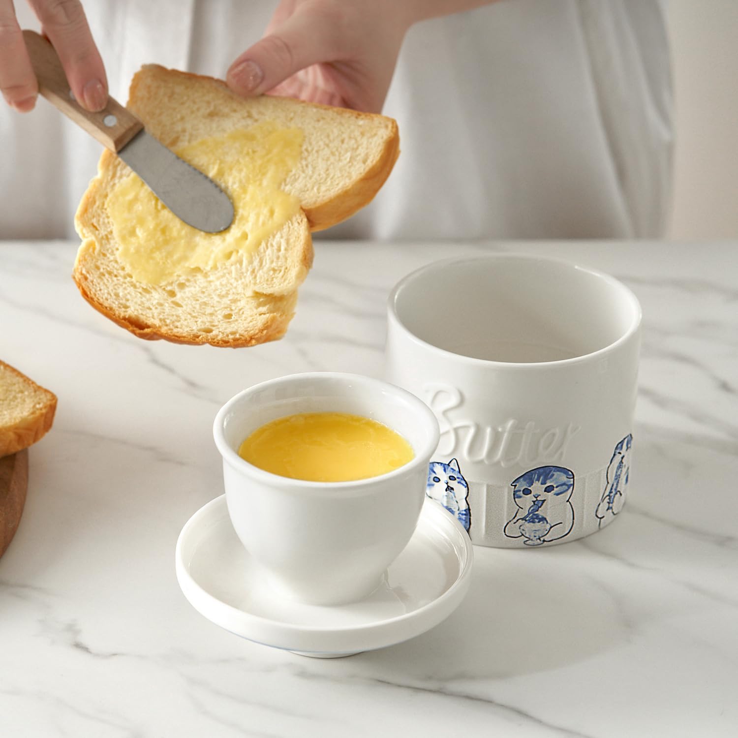 Toptier Butter Crock for Counter With Water Line, On Demand Spreadable Butter, Ceramic Butter Keeper to Leave On Counter, French Butter Dish with Lid, (Greedy Cat War)
