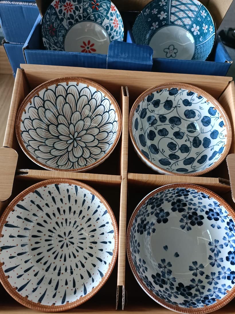 RYUHYF ceramic bowl, Japanese rice bowl, with gift box. 10 oz thick blue and white porcelain bowl, kitchen cereal bowl, dessert bowl (Two bowls set)