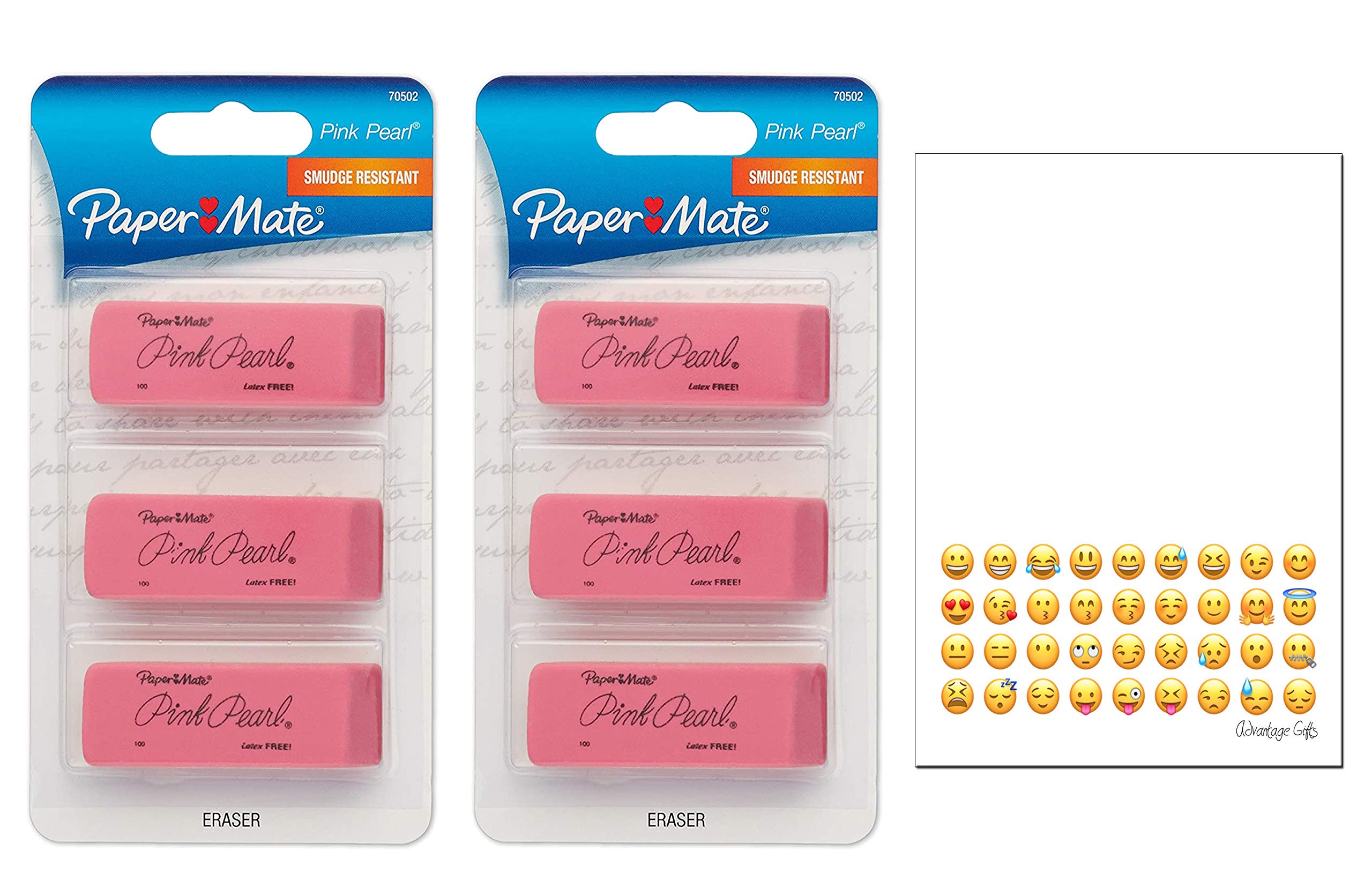 Paper Mate Pink Pearl Erasers, Medium, 6 Count, Bundle with Emoji Printed Notepad from Advantage Gifts