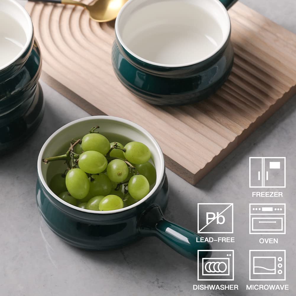 Sweejar Porcelain Soup Bowls with Handle, 22 OZ Ceramic Serving Crocks for French Onion Soup, Pumpkin Soup, Oatmeal, Stew, Dishwasher and Microwave Safe, Set of 4 (Jade)