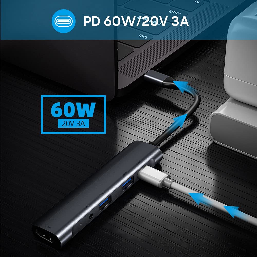Slim Aluminum USB C Hub Adapter 5 in 1 with 4K HDMI, USB 3.0 Port, 3.5mm Headphone Jack, USB-C Data Charging Port Compatible for MacBook Pro, iPad Pro, Nintendo Switch and More