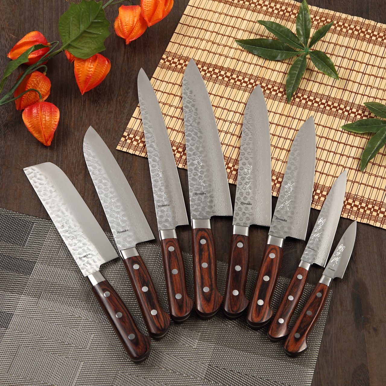 Syosaku Japanese Petty Knife Hammered Damascus VG-10 16 Layer Mahogany Handle, 5.3-inch (135mm)