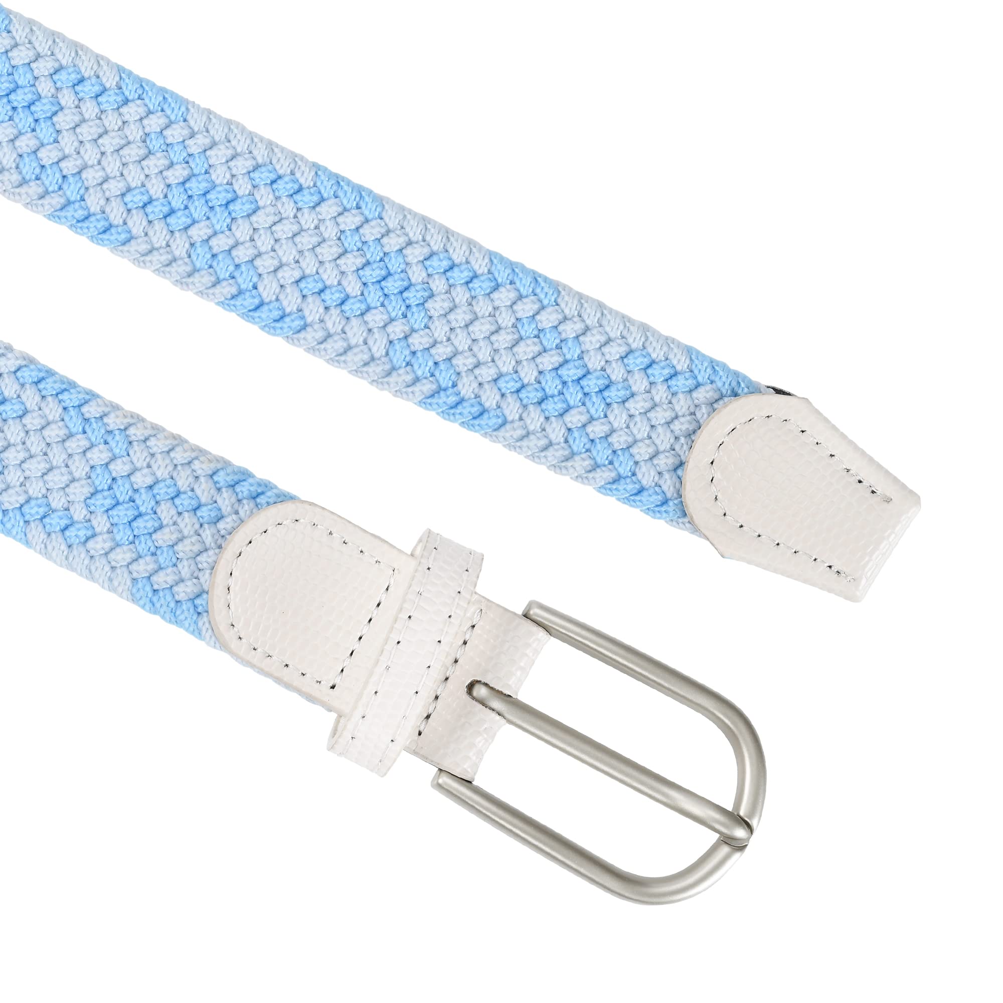 univo colors Multicolor Braided Golf Belt Elastic Stretch Oval Satin Nickel Pin Buckle Leather Loop End Tip(Blue White XXS)