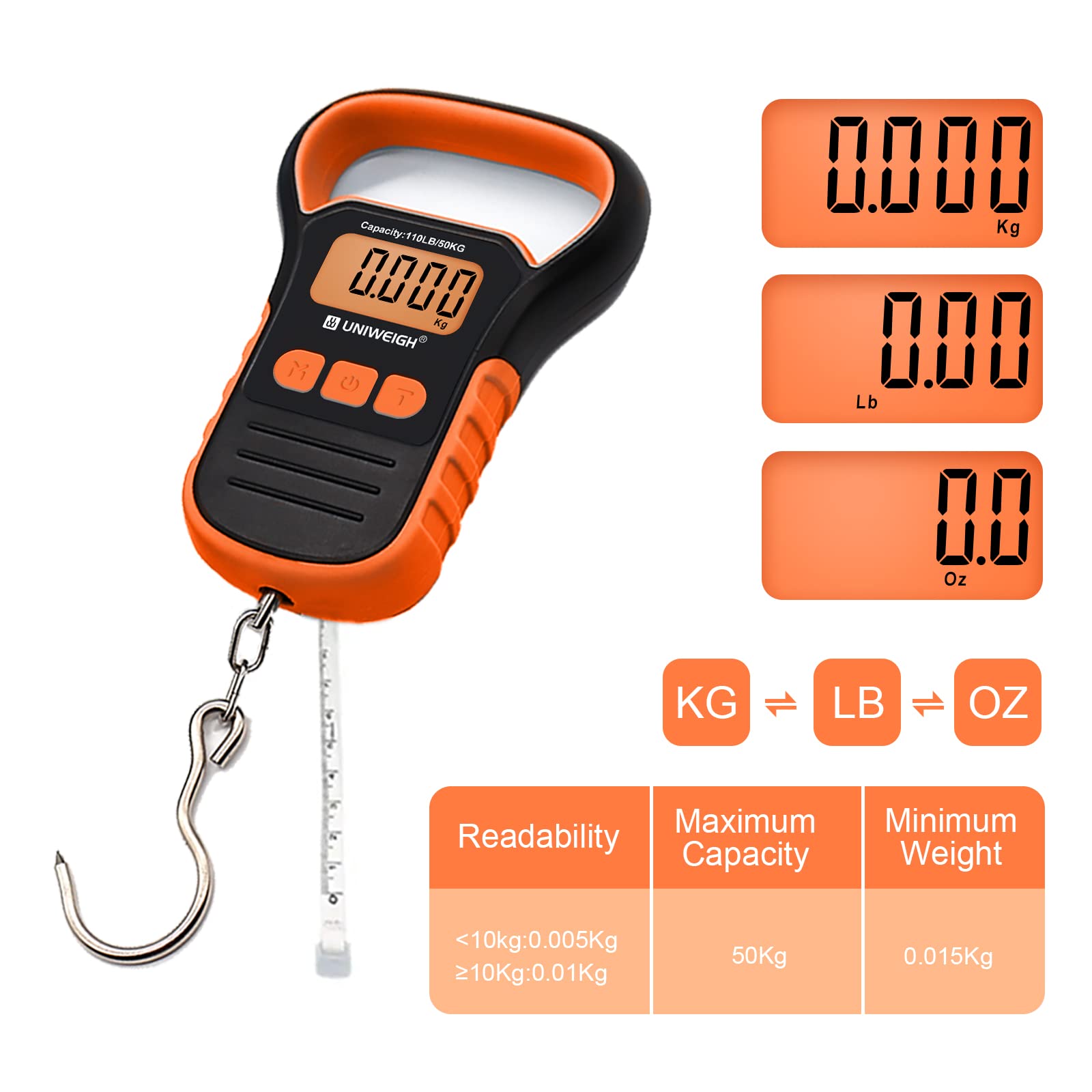 UNIWEIGH Digital Fishing Scale with Lip Gripper,Tape and Ruler,110lb/50kg Postal Hanging Luggage Scale with Hook,Waterproof Handing Scale for Home and Outdoor(Orange)
