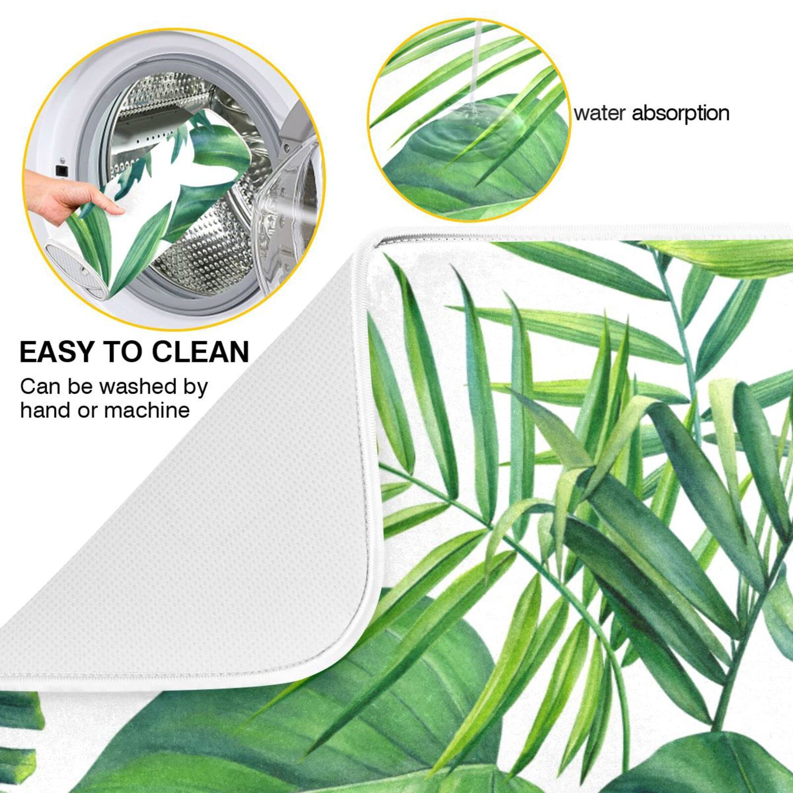 Tropical Palm Leaves Dish Drying Mat for Kitchen Counter Green Monstera Leaf Absorbent Microfiber Drying Pad, Medium 16x18 in, Reversible Drainer Mats