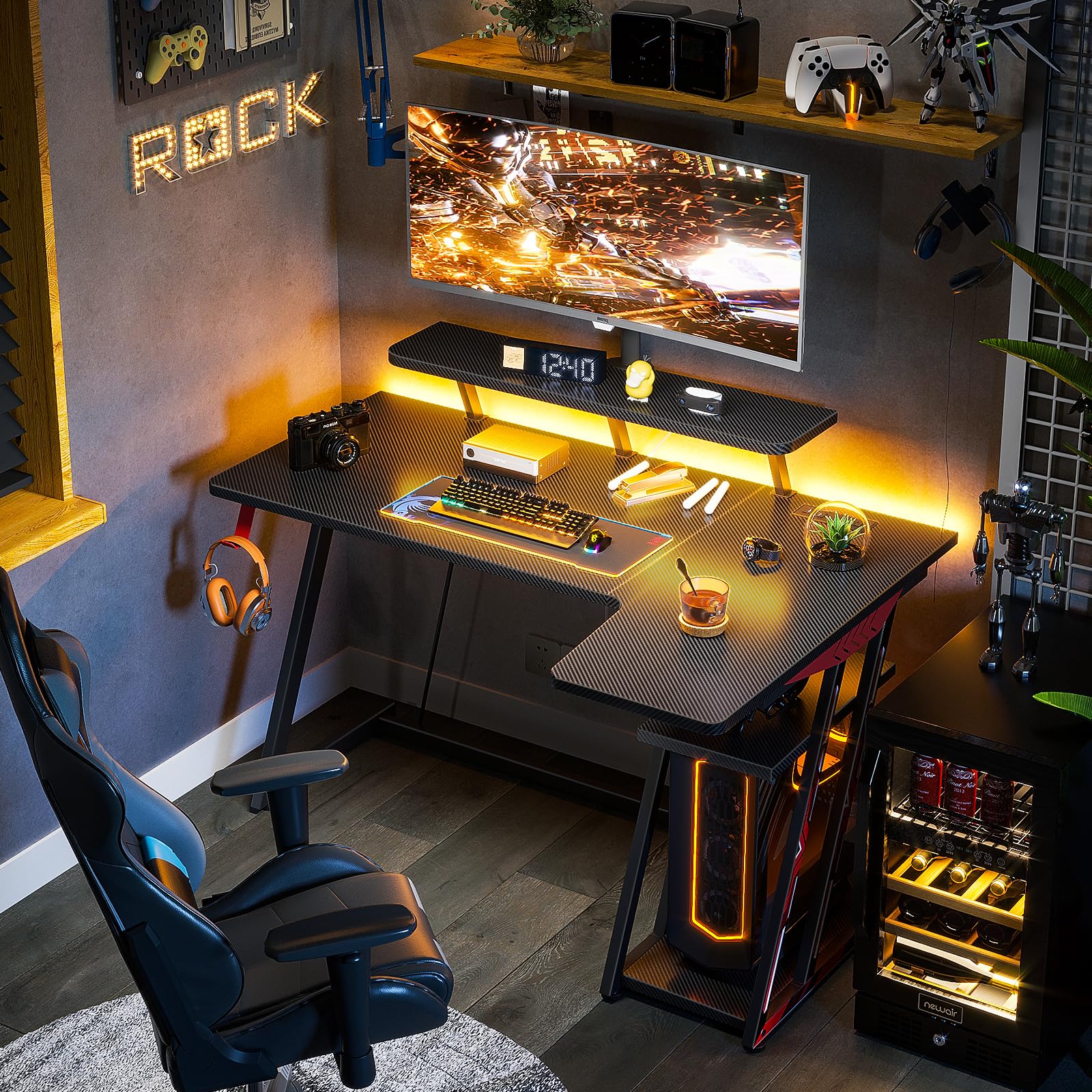 MOTPK L Shaped Gaming Desk with Led Lights, Small Corner Gaming Desk with Storage Shelf & Power Outlets, Computer Desk with Carbon Fiber Texture, 47 Inch, Black
