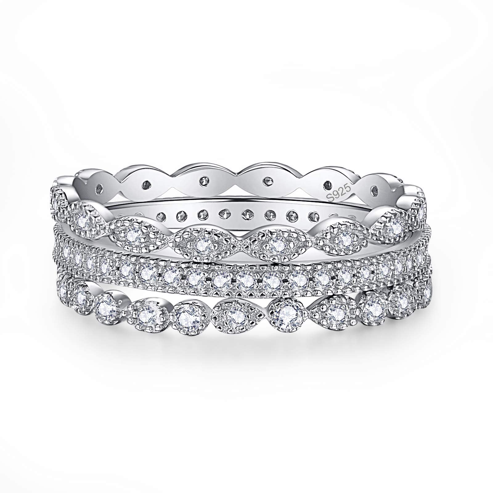 OLIVIASO 3 Pcs 925 Sterling Silver Bridal Rings Set for Women Cubic Zirconia Engagement Wedding Rings Set for Her Eternity Bands Stackable Rings Size 5-10 silver