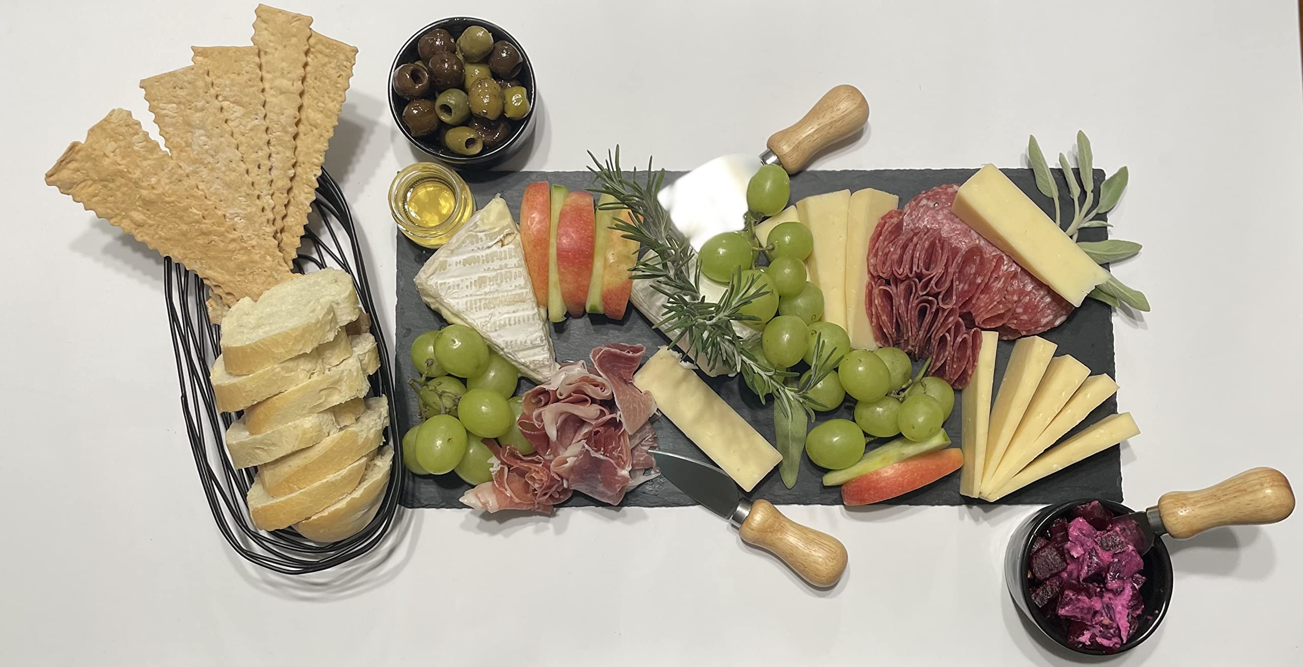 Slate Serving Set | 8 Pieces - 1 Black Slate 15X7.5 Serving Board with Soapstone, 2 Ceramic Ramekins, 3 Cheese Knives with Wooden Handles and 1 Wire Basket | Charcuterie, Appetizers, Desserts