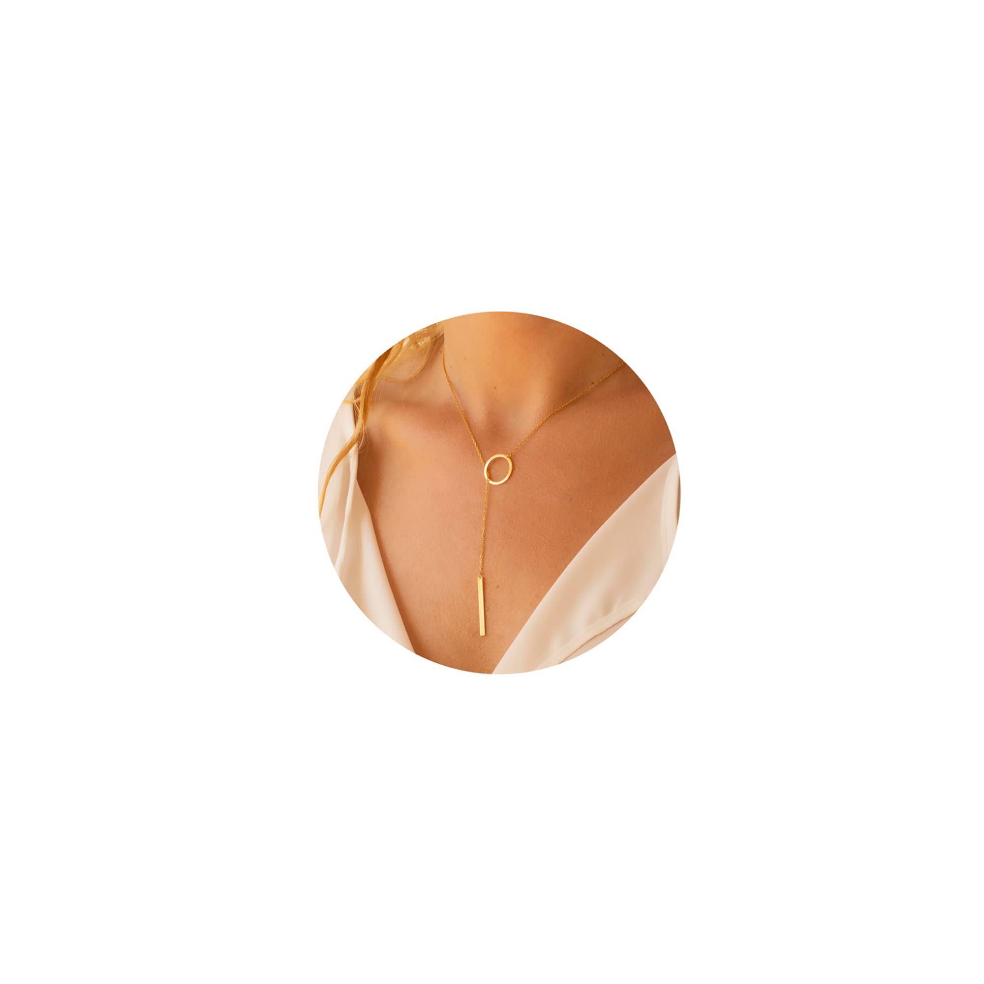 Tewiky Circle Bar Necklace for Women, Dainty Gold Lariat Necklace 14k Gold Drop Y Necklace Simple Gold Necklaces for Women Trendy Delicate Gold Necklaces Aesthetic Jewelry for Women