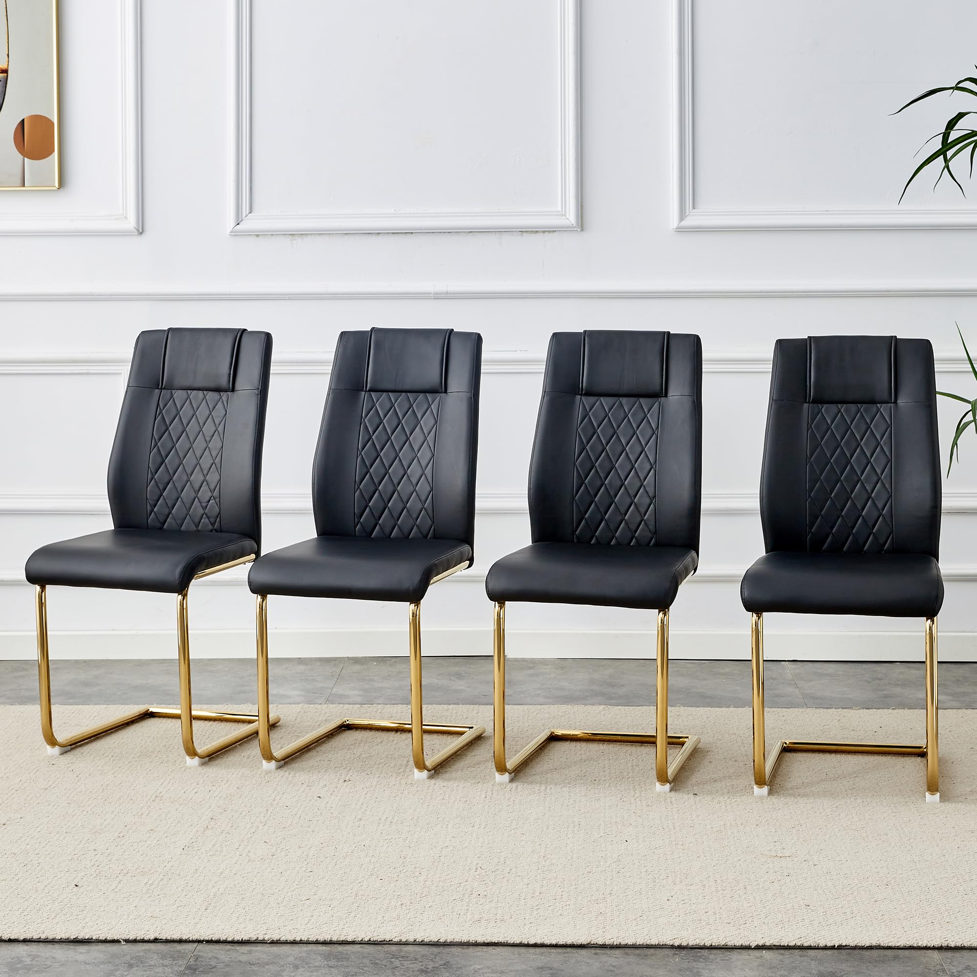 Modern Dining Chairs Set of 4, PU Leather Dining Chairs High Back Upholstered Chairs Ergonomics Dining Chairs with Gold Metal Leg for Kitchens,Living Rooms,Bedrooms,Offices (Black)