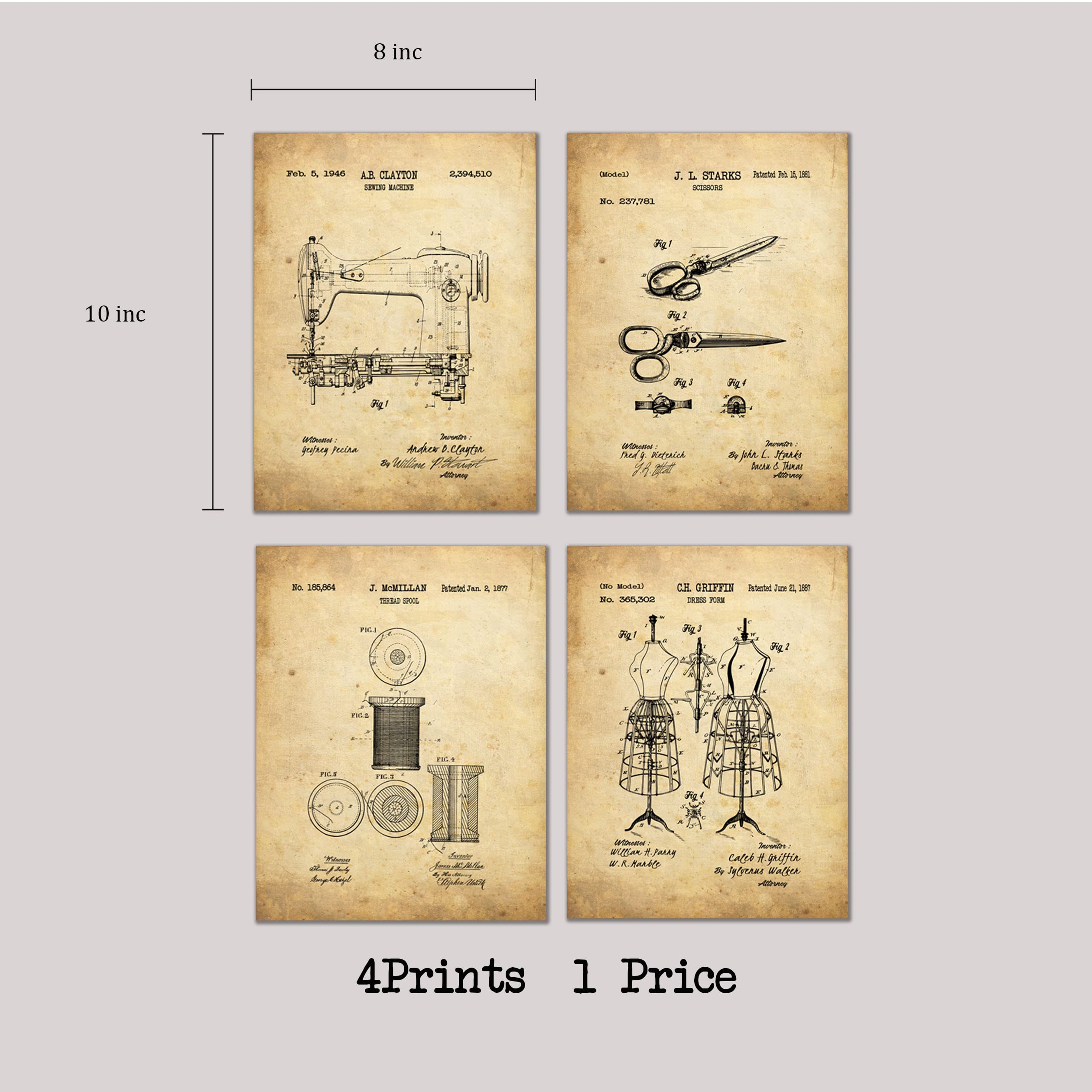 Sewing Patent Poster Set Sewing Room Art Craft Room Decor Sewing Machine Dressform Mannequin Seamstress Wall Decor Sewing Room Artworks Tailors Wall Art Gift For Sewer 8x10 Unframed Print Set