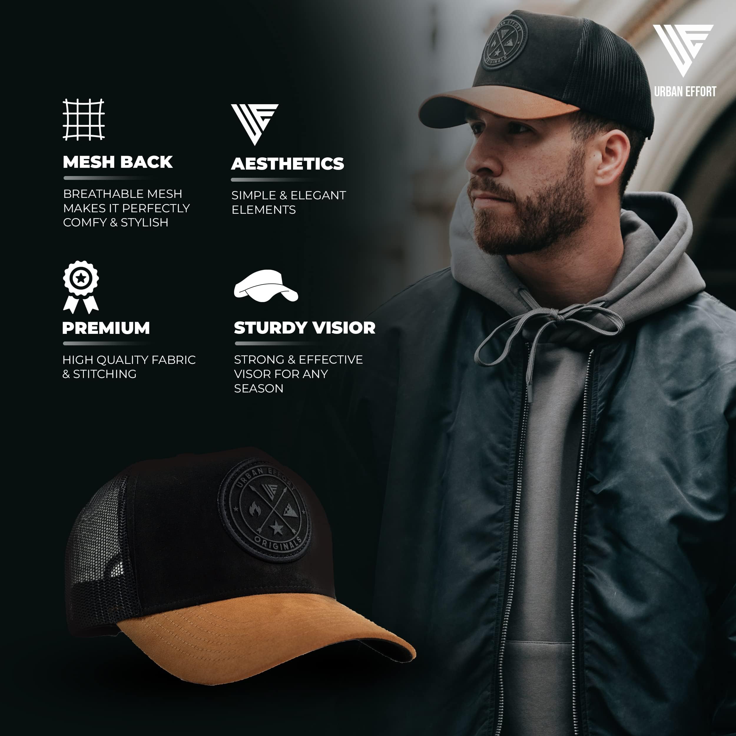 Urban Effort Mesh Back Cap - for Men and Women Baseball Hat 5-Panel Trucker Hat - Great Snapback Closure for Hunting & Hiking (Black/Brown)
