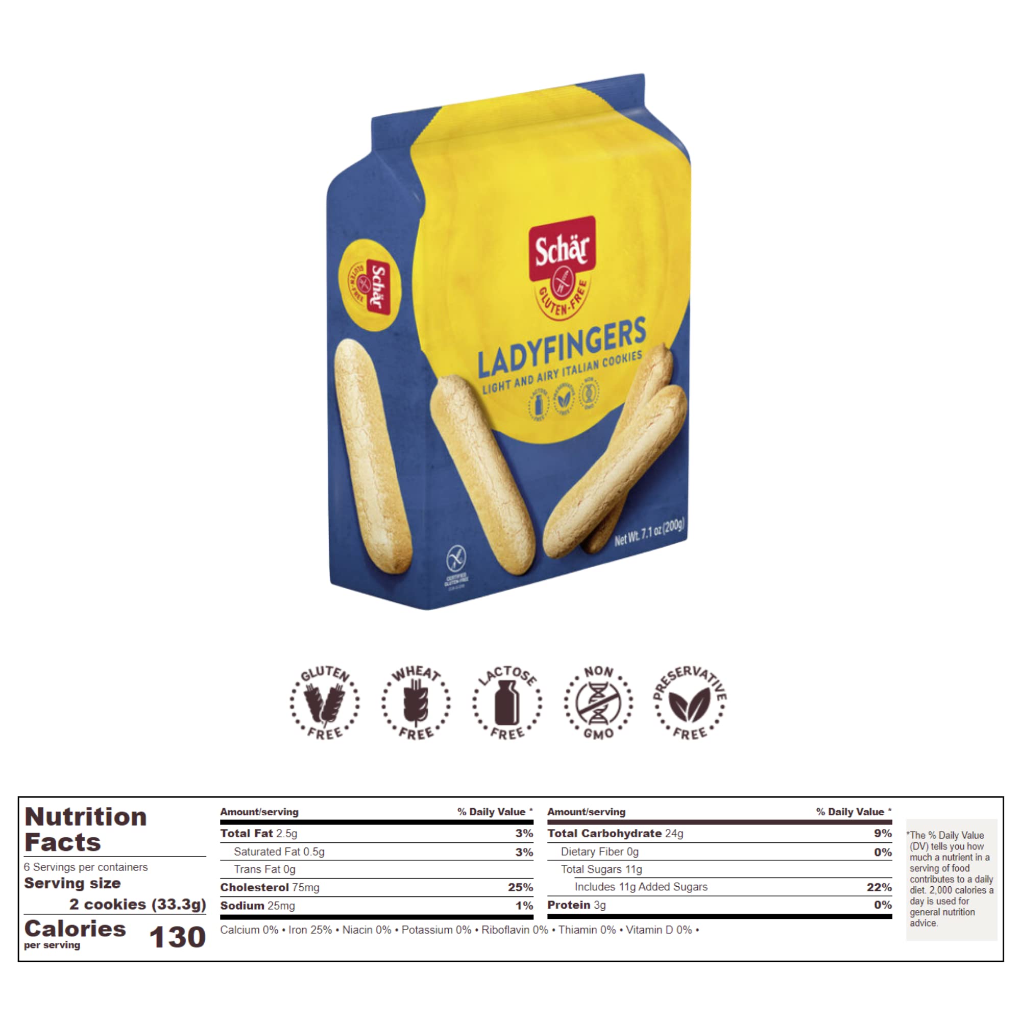 Schar - Lady Fingers - Certified Gluten Free - No GMO's, Lactose, Wheat or Preservatives - (7.1 oz) 2 Pack