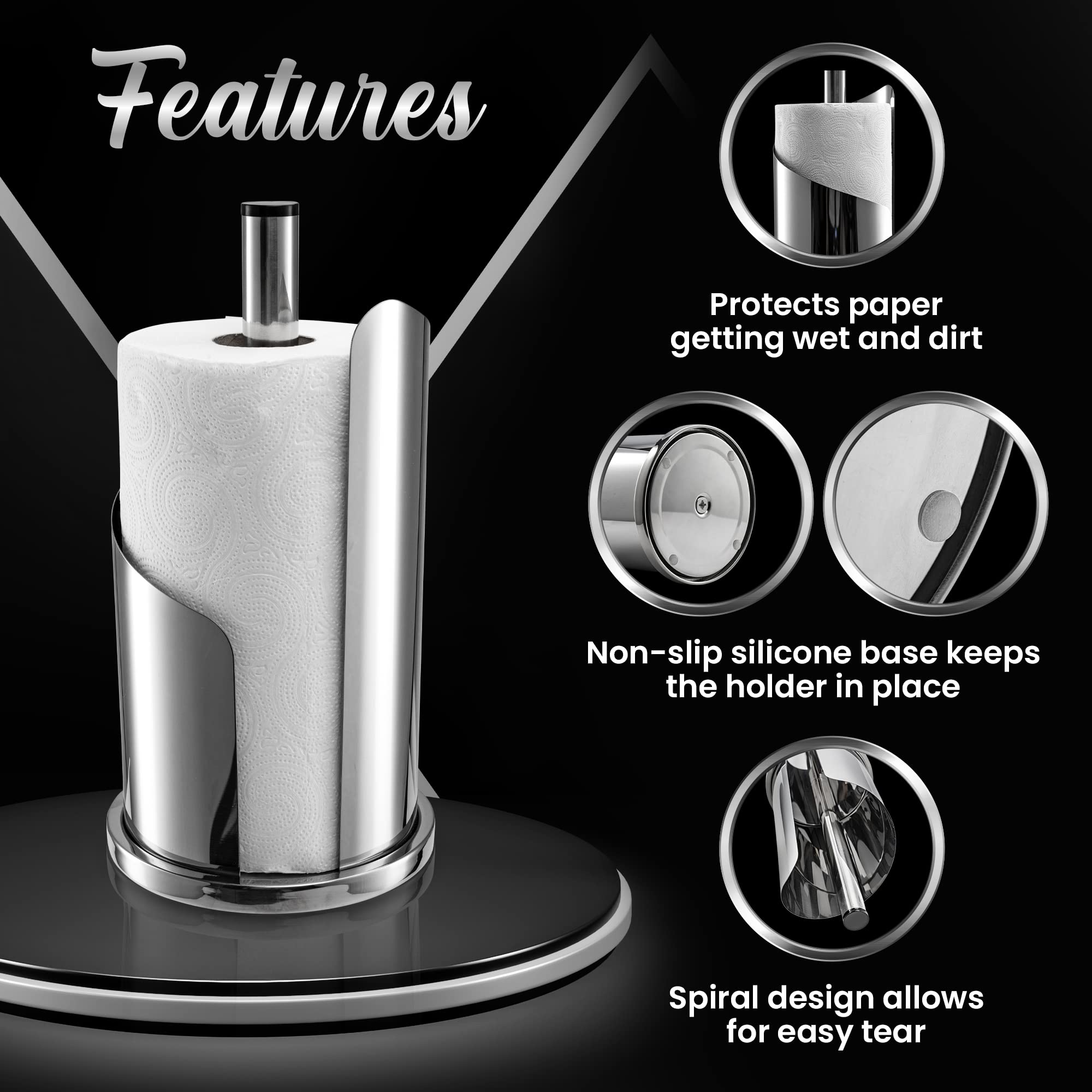 Paper Towel -Toilet Holder Milena Stainless Steel- Silver Spiral Design for Kitchen, Bathroom Countertop