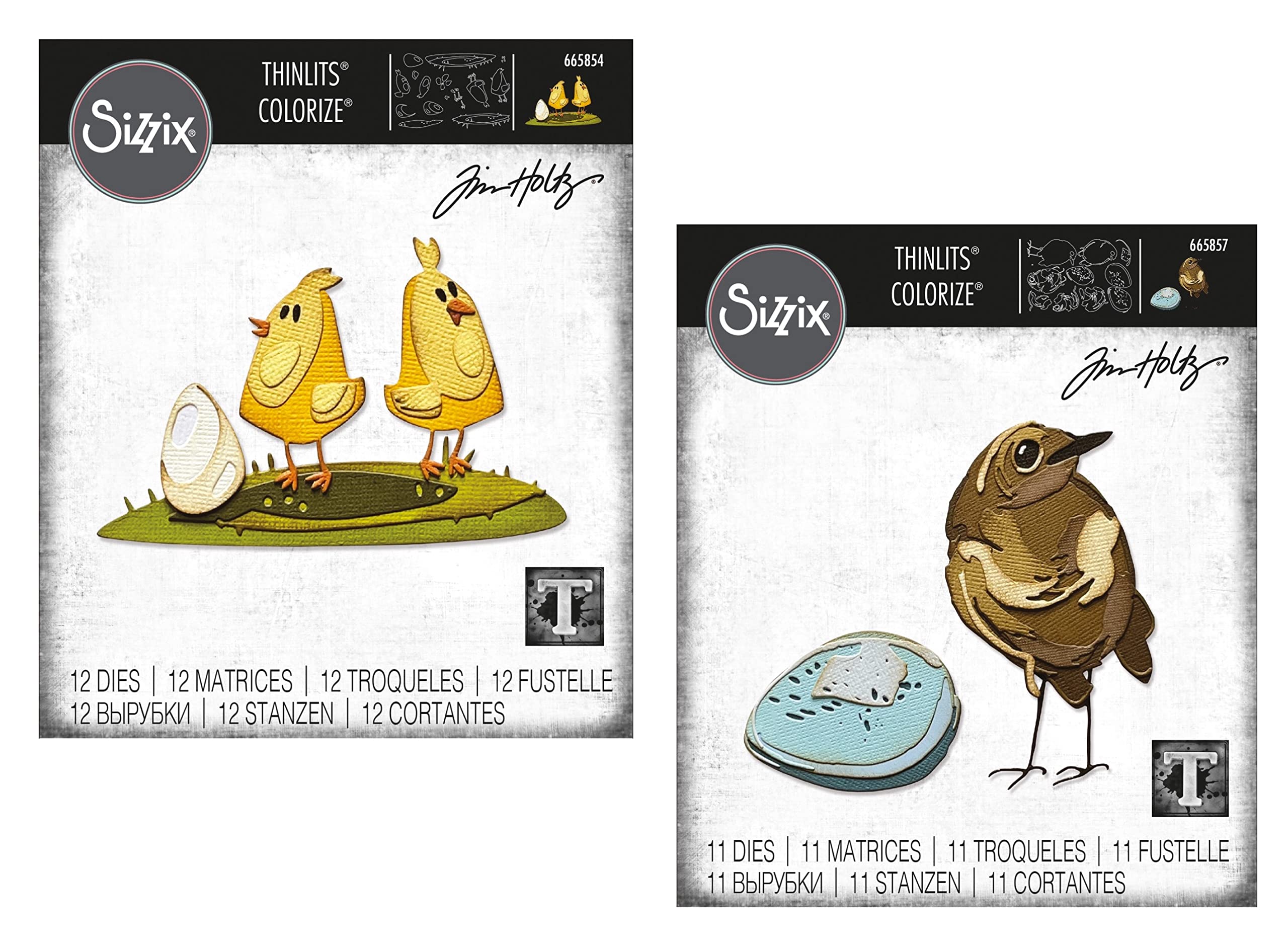 Tim Holtz Sizzix Spring Easter 2022 Die Bundle, Papercut Chicks, Bird and Egg Colorize, Bundle of 2 Dies (665857, 665854)