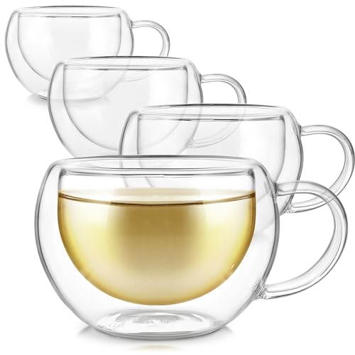 Teabloom Modern Classic Insulated Cups ā 6 oz / 200 ml ā Set of 4 Double Walled Glass Cups for Tea or Espresso