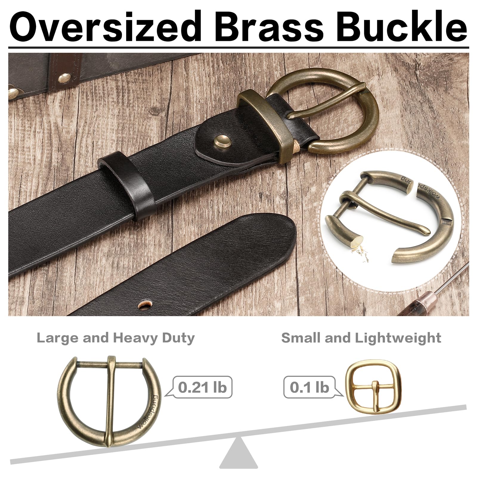 wolksprong Women's 1.5" Wide Leather Belt with Large Brass Buckle - Trendy Vintage Style for Jeans and Pants