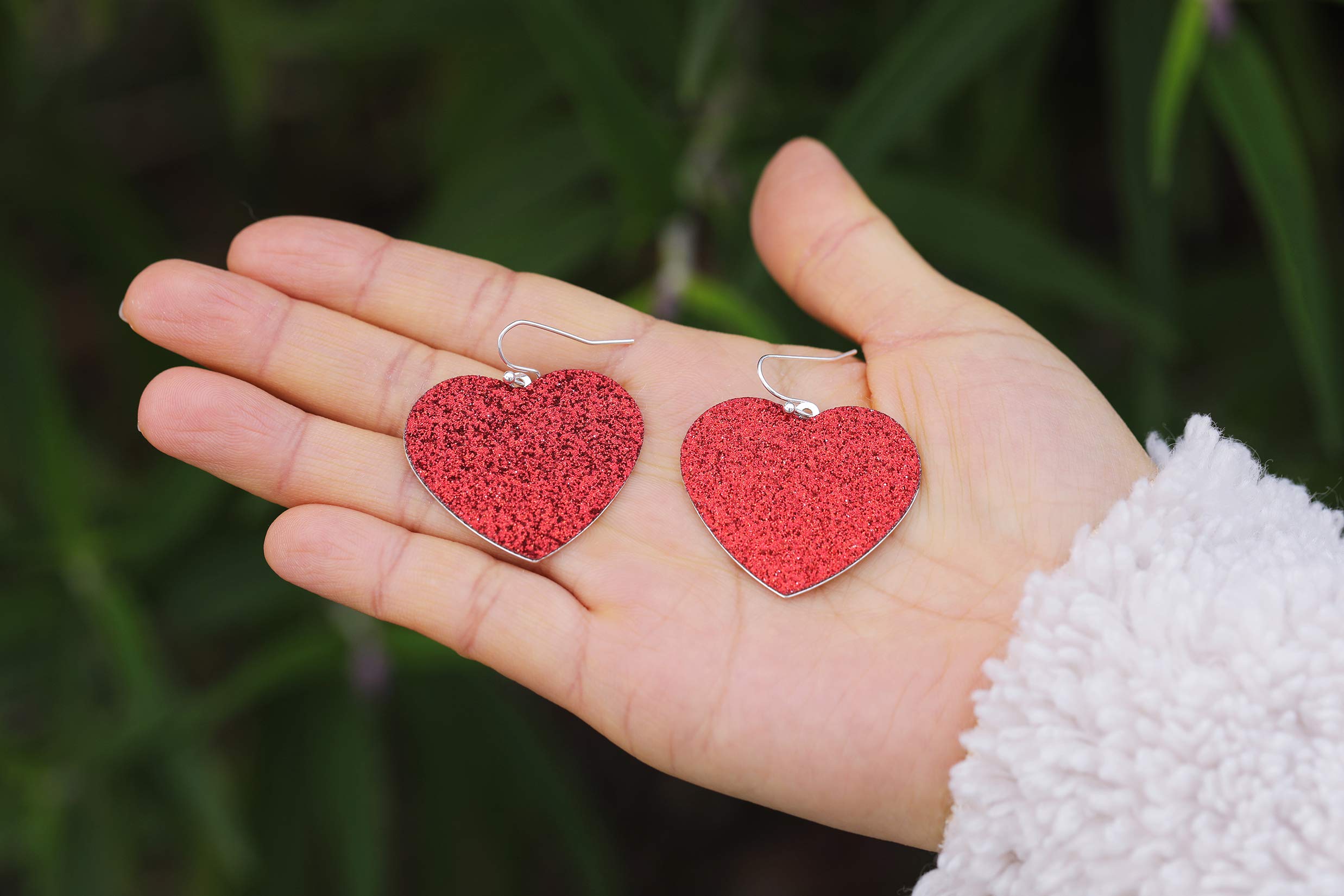 RareLove Valentines Gifts Bling Red Heart Hook Dangle Earrings Statement Jewelry For Women Silver Alloy Plated