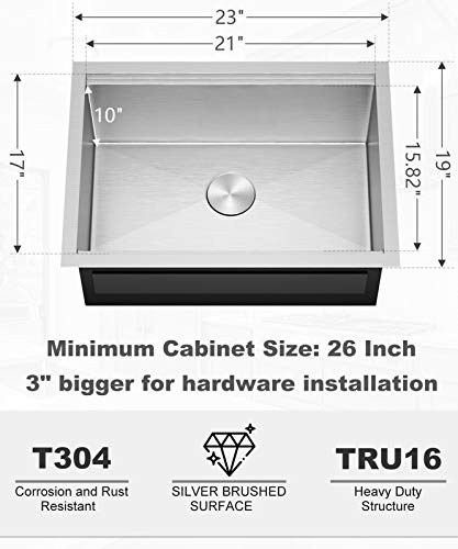 X Home 23 x 19 Inch Undermount Kitchen Sink Single Bowl, 16 Gauge Stainless Steel Kitchen Workstation Sink With R10 Corners, Fits 35 Inch Cabinet
