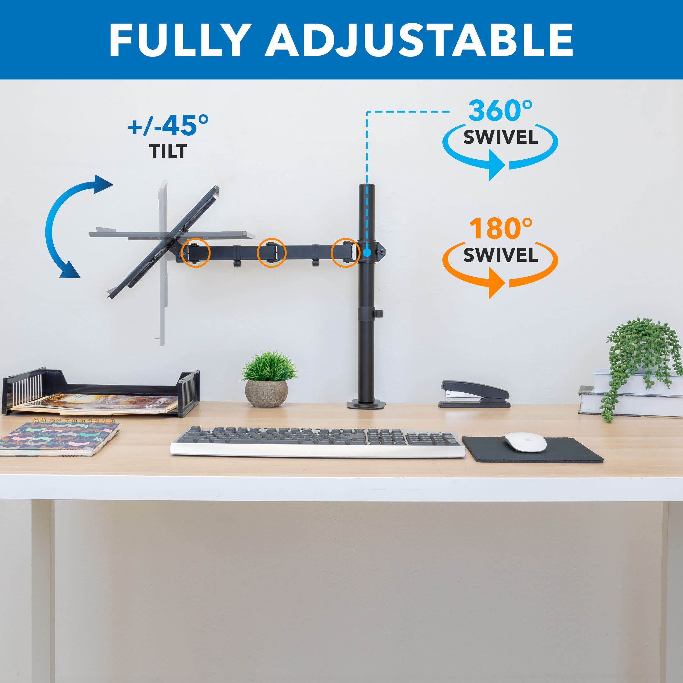 Mount-It! Laptop Desk Mount, Fully Adjustable Ergonomic Laptop Arm with Vented Tray, Cable Management, Clamp and Grommet Base, Fits Laptops up to 17 Inches, Black