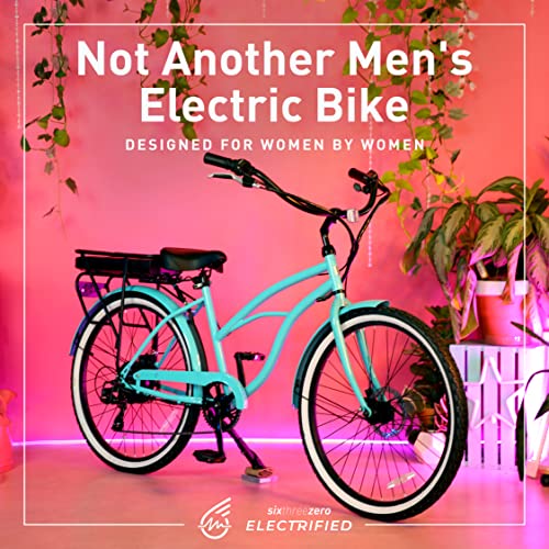 sixthreezero Around the Block Women's Electric Bike, 7 Speed Beach Cruiser eBike Bicycle with Rear Rack, 500 Watt Motor, 26 Inch Wheels, Sky Marigold