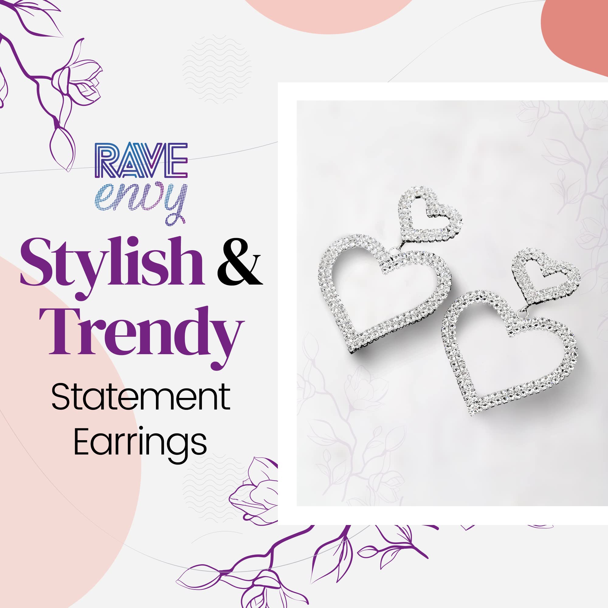 Rave Envy Silver Heart Earrings for Women, Heart Shaped Earrings - Statement Earrings for Womens