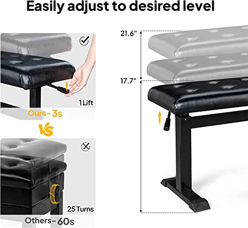 VINGLI Adjustable Piano Bench, Black, Foam, Metal, Faux Leather, 27.9"W x 11.8"D x 17.7"H