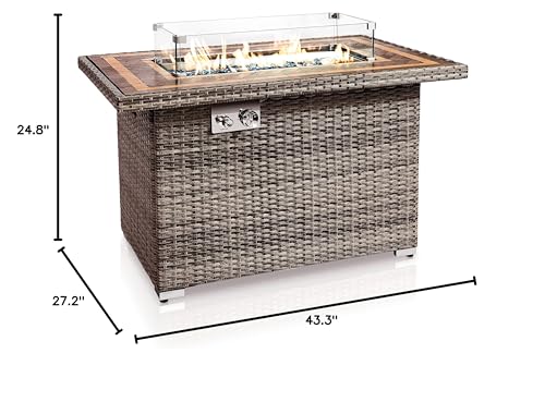 SerenelifeHome Outdoor Propane Fire Pit Table- 50,000 BTU Auto-Ignition Gas Fire Pit w/Glass Wind Guard, Black Tempered Glass Tabletop & Clear Glass Rock for Outdoor Cooking & Grilling - SLFPTIL49