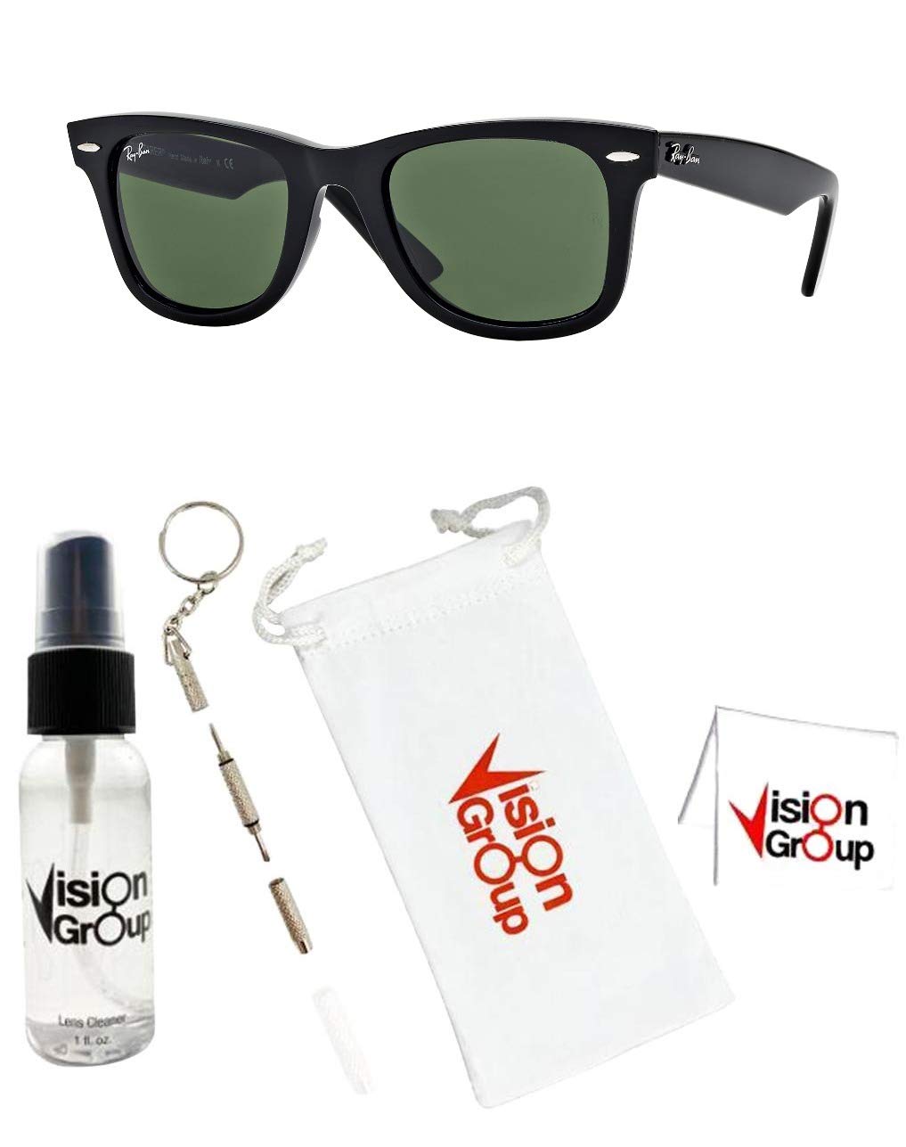 Ray-Ban RB2140 Original Wayfarer Sunglasses + Vision Group Accessories Bundle,unisex-adult (Black/Crystal Green (901), 50)
