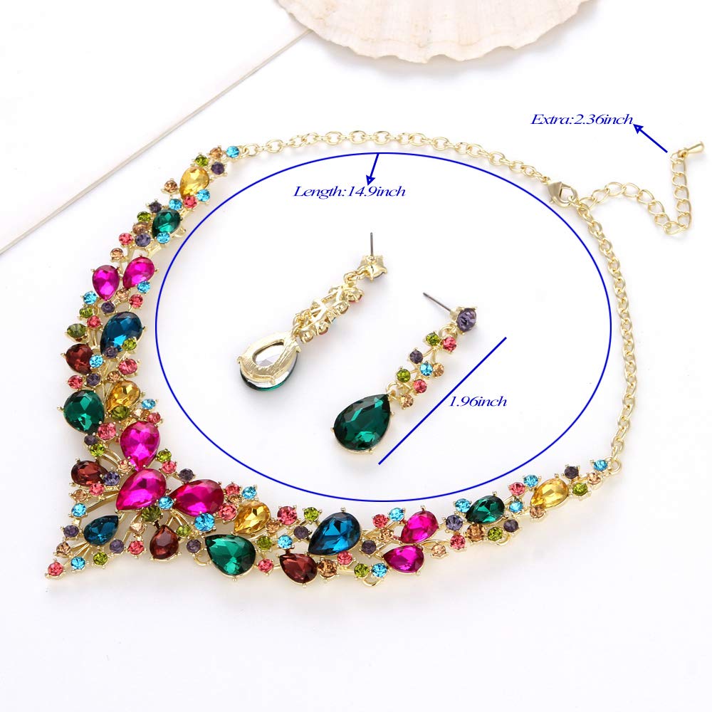 Molie Bridal Austrian Crystal Necklace and Earrings Jewelry Set Gifts fit with Wedding Dress(Multicolour)