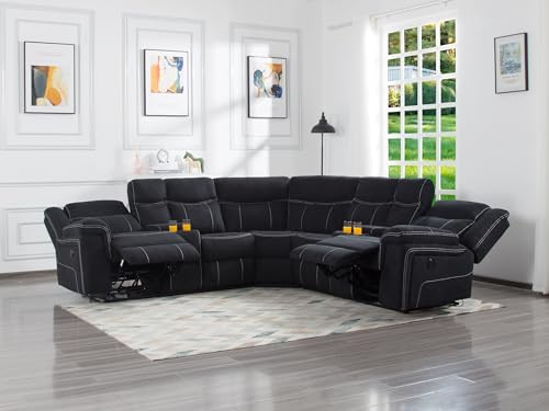 Modern Power Motion Sectional Reclining Sofa Set,Symmetrical L-Shaped Recliner Sofá Upholstered 5-Seat Corner Couch with 2 Center Consoles and 4 Cup Holders for Living Room/Villa/Theater Seating