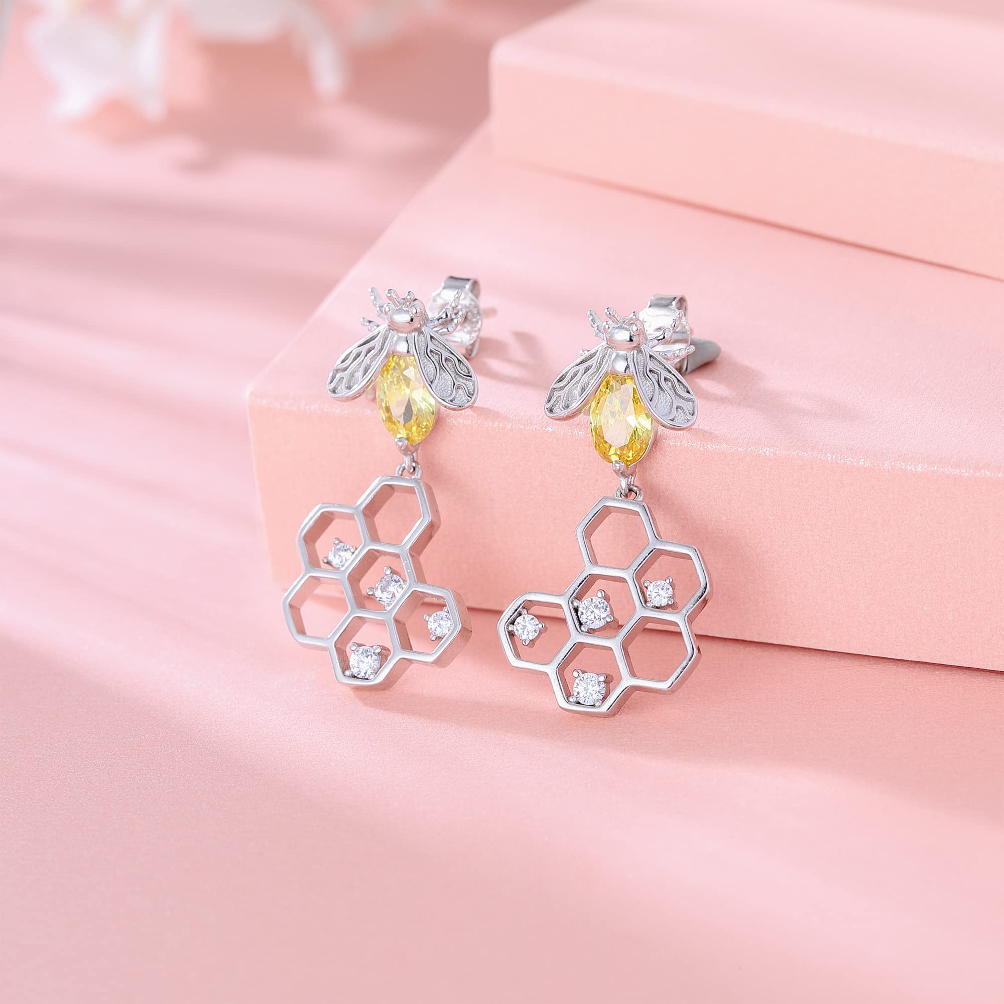SLUYNZ 925 Sterling Silver Crystal Bee Earrings Drop fpr Women Honeycomb Dangle Earrings Studs