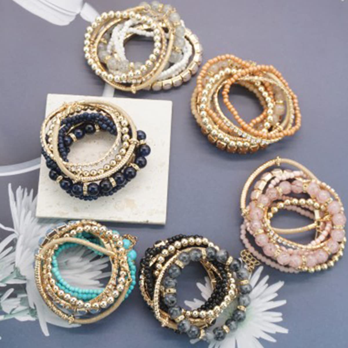 Svovin 1-6 Sets Bohemian Stackable Bead Bracelets for Women Multicolor Stretch Beaded Bracelets Layered Bead Adjustable Bracelet Pink Black Turquoise Stretch Bracelets