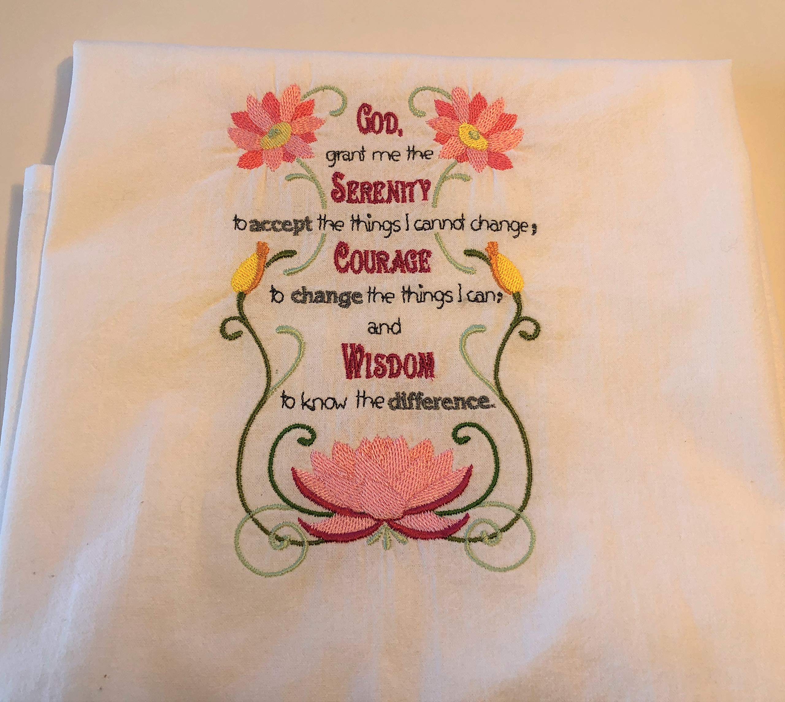 Serenity prayer embroidered flour sack tea towel, dish towel, choice of flower and large text color, machine embroidery,