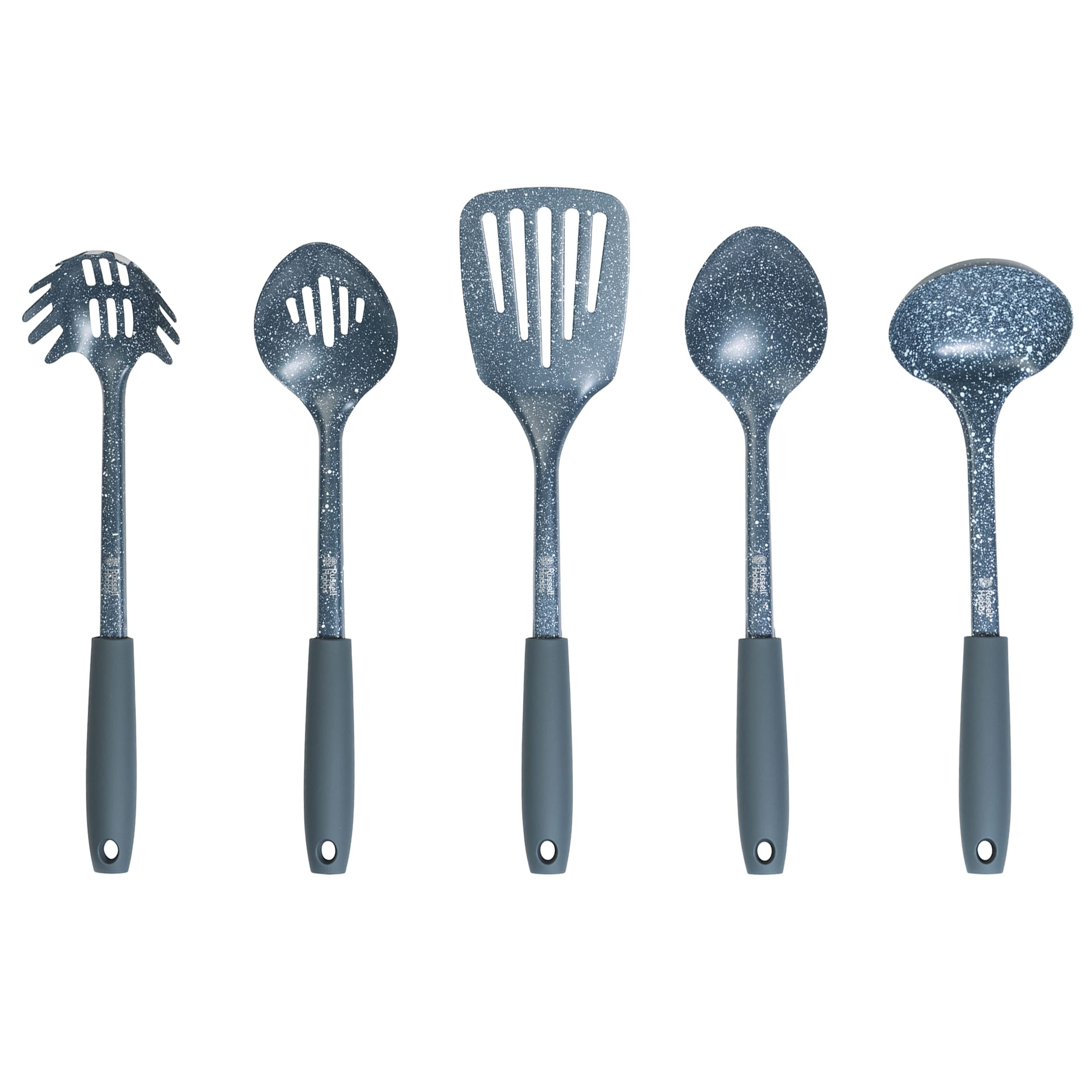 Russell Hobbs RH01401 5 Piece Kitchen Utensil Set, Stainless Steel, Non-Stick, Spatula, Spaghetti Server, Ladle, Slotted and Solid Spoon, Soft-Touch Handles, Nightfall Stone Collection, Blue Marble