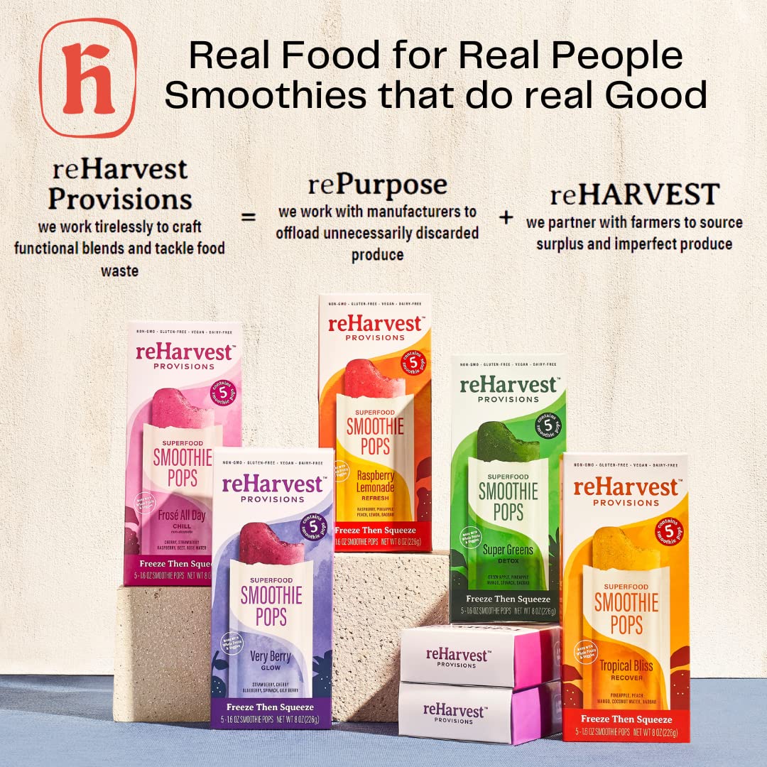 Re-Harvest Provisions Smoothie Pops | Multi-pack 5 pack | Frozen Fruit + Vegetables + Superfoods | Dairy-Free, Vegan, Gluten-Free, No Sugar Added | Eco-Friendly and Zero Waste | 1.6oz each